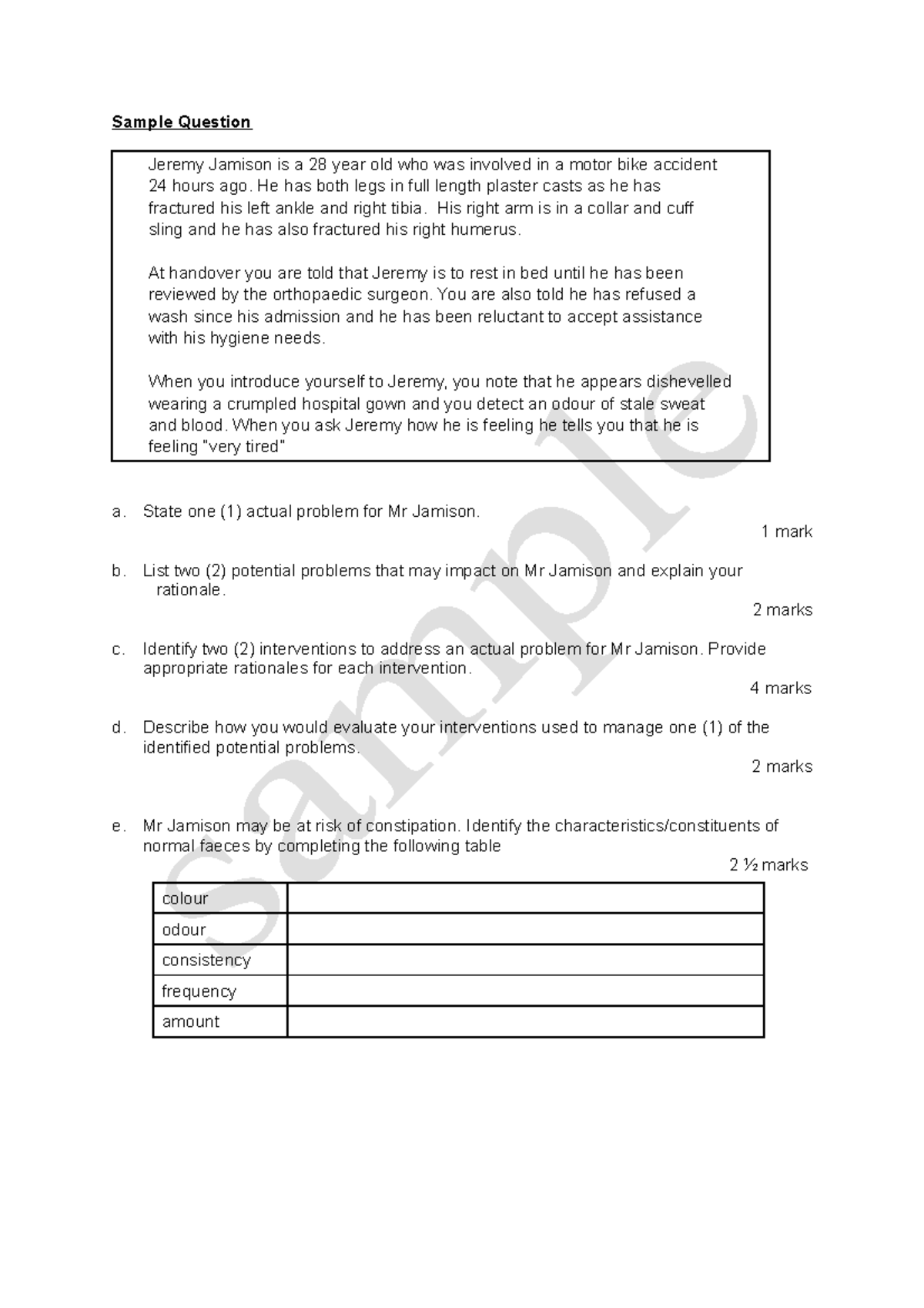Example exam questions - Sample Question Jeremy Jamison is a 28 year ...