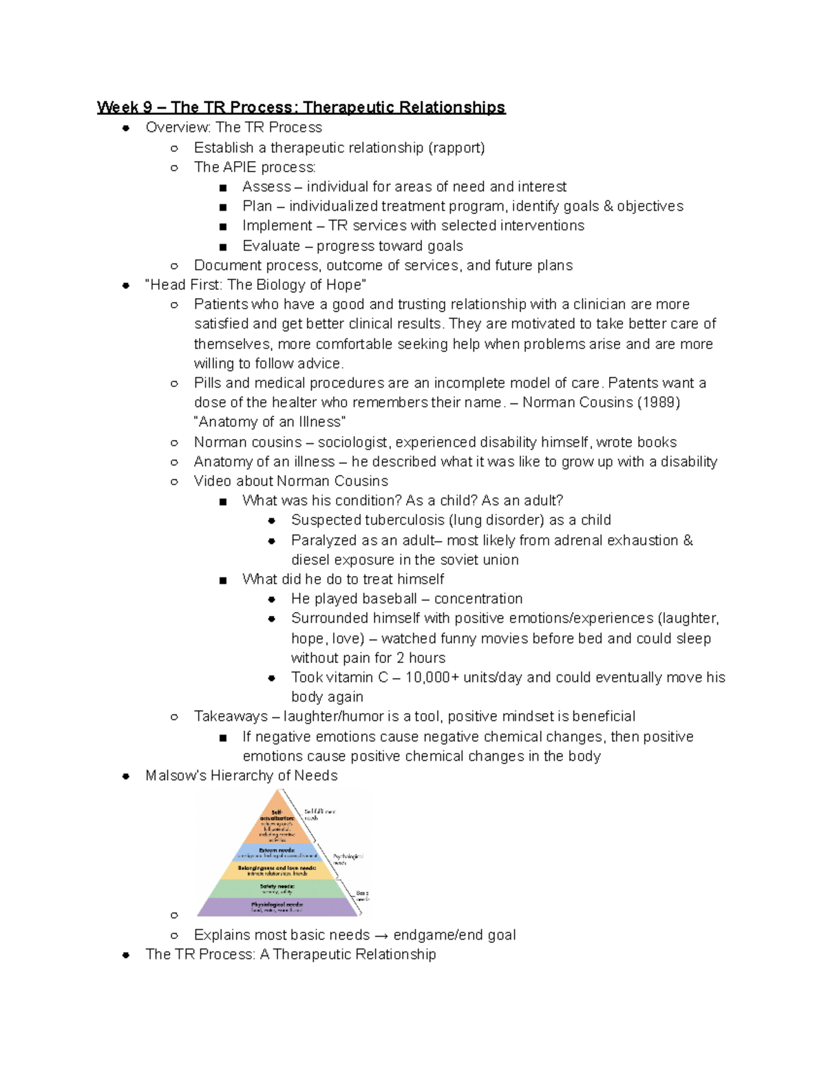 Intro to TR Final Lecture Notes - Week 9 – The TR Process: Therapeutic ...