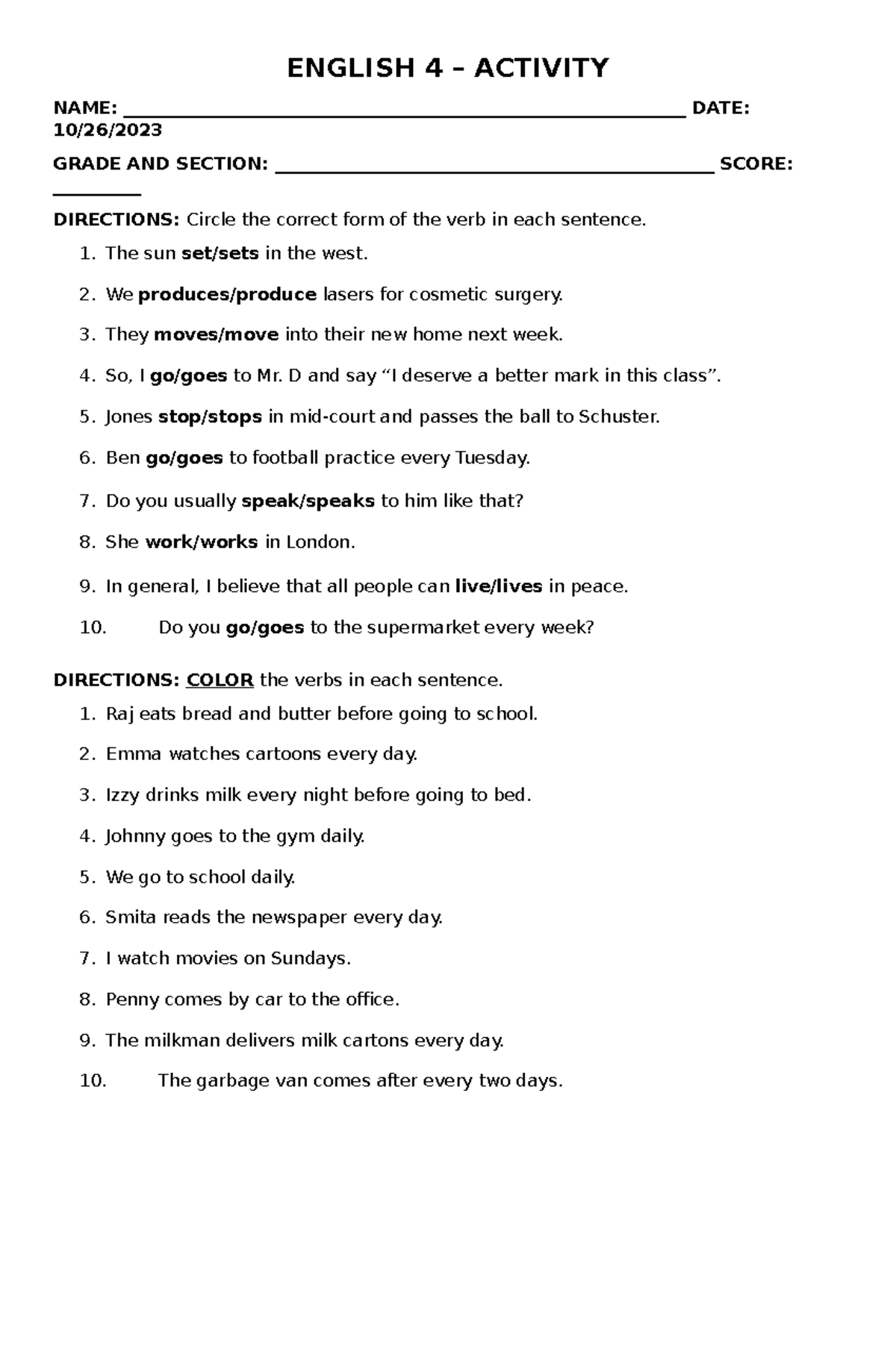 Grade 4 Simple Present Tense - ENGLISH 4 – ACTIVITY NAME: - Studocu