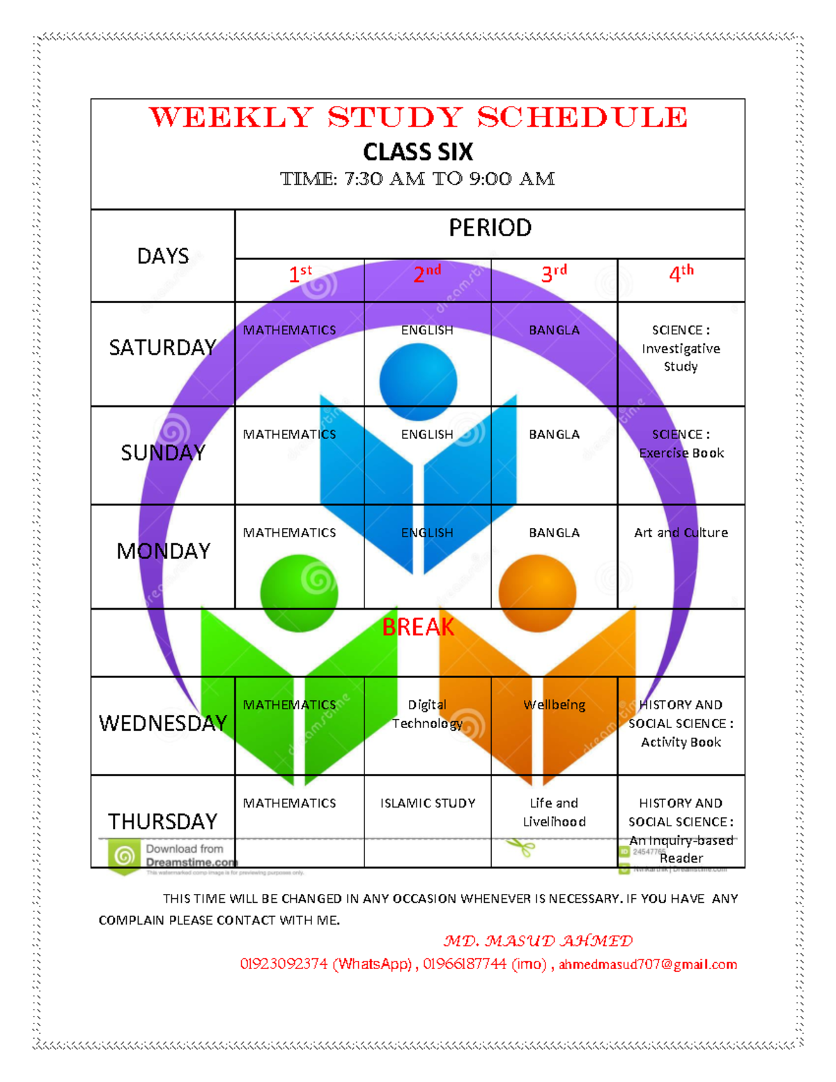 Weekly Study Schedule 1 - WEEKLY STUDY SCHEDULE CLASS SIX TIME: 7:30 AM ...