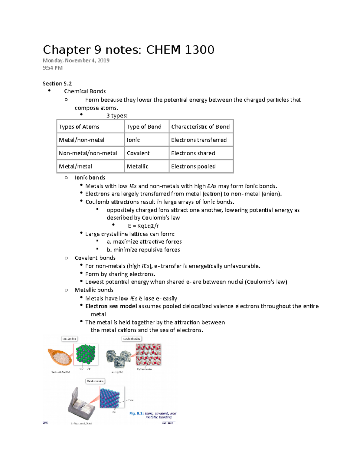 Chapter 9 - CHEM 1300 - Textbook notes - Chapter 9 notes: CHEM 1300 ...