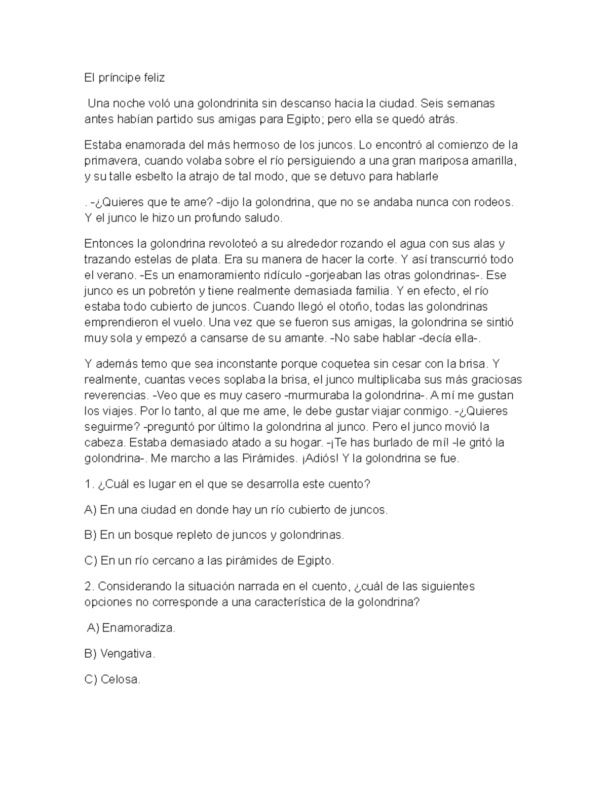 El príncipe feliz fragmento de la lectura lengua española - Lengua ...
