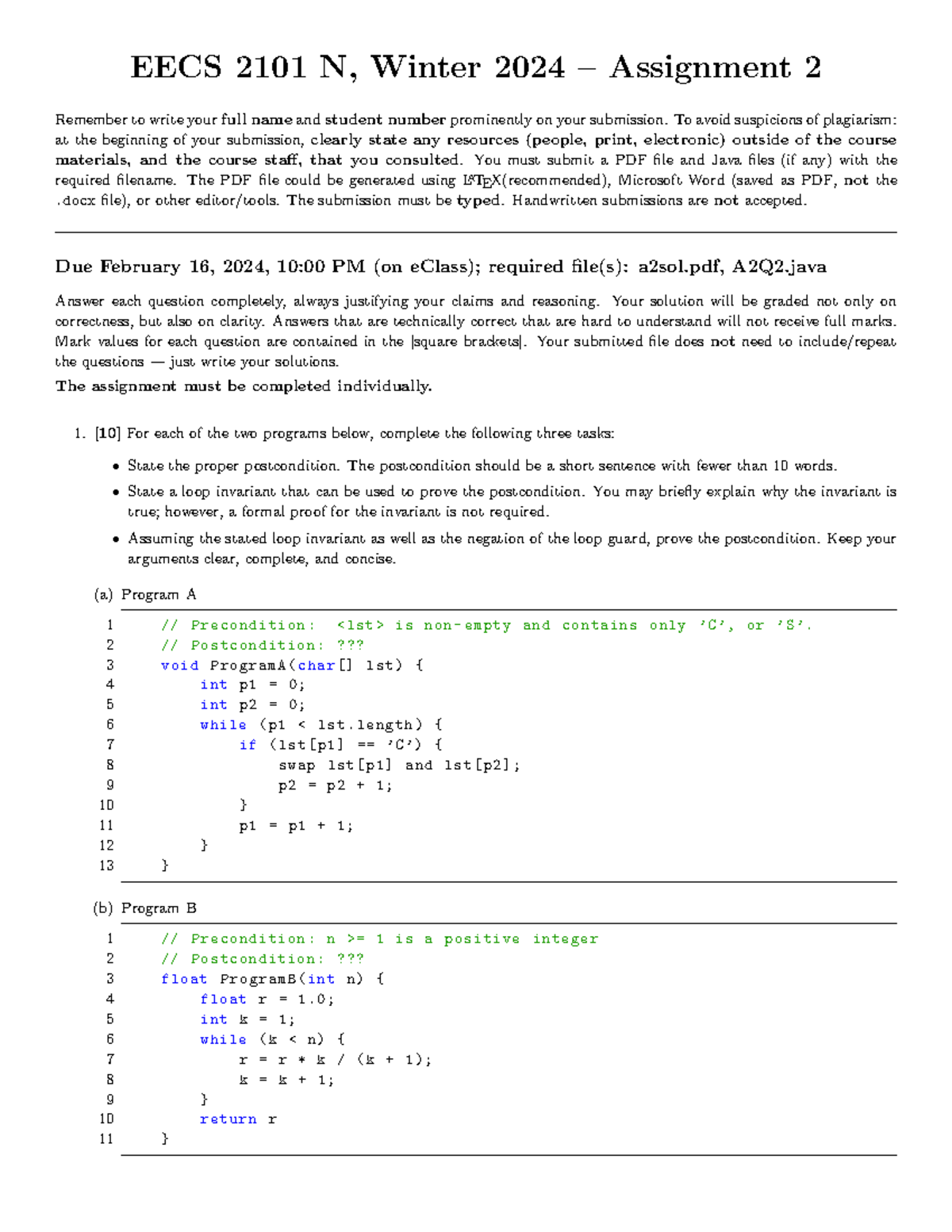 Assignment 2 - Handout - EECS 2101 N, Winter 2024 – Assignment 2 ...