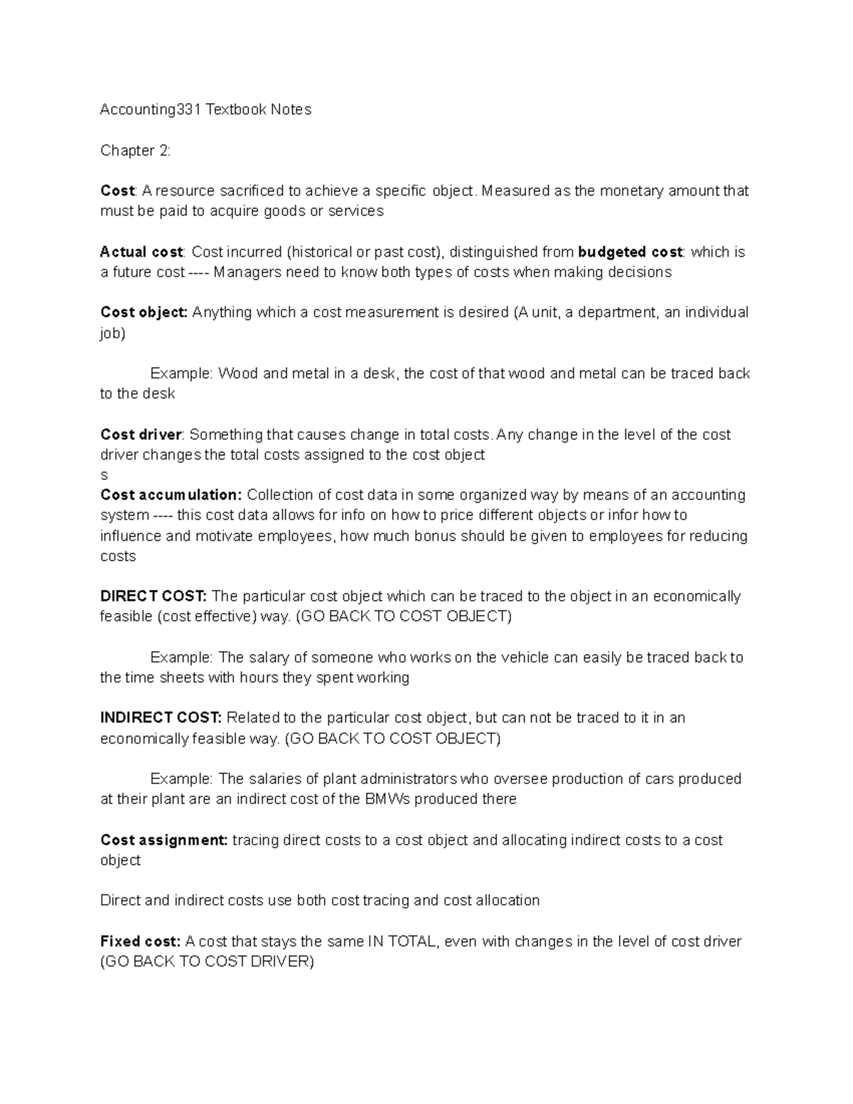Cost Accounting Notes 1 - Accounting331 Textbook Notes Chapter 2: Cost ...