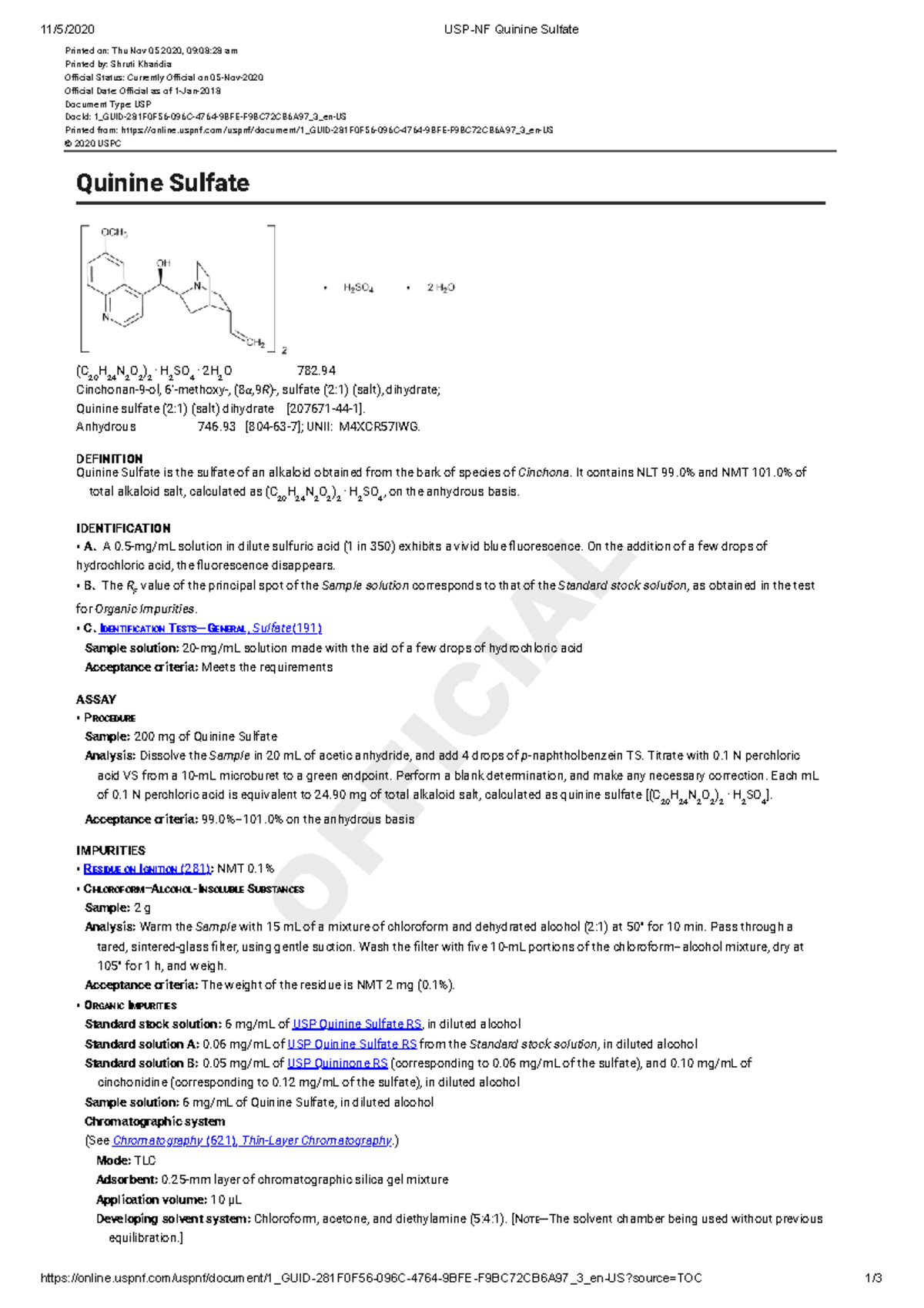 Quinine Sulfate - 11/5/2020 USP-NF Quinine Sulfate - Studocu