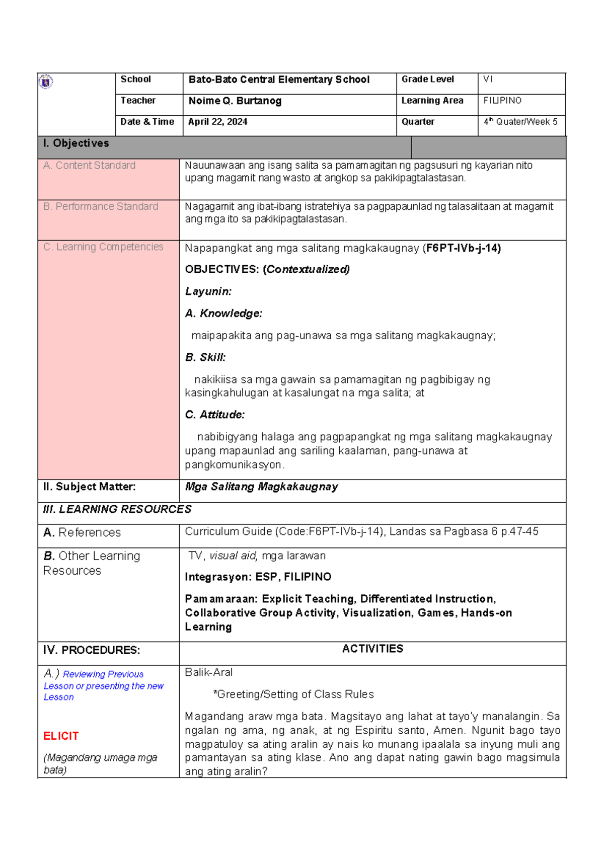 Filipino-6 - Lesson Plan - School Bato-Bato Central Elementary School ...