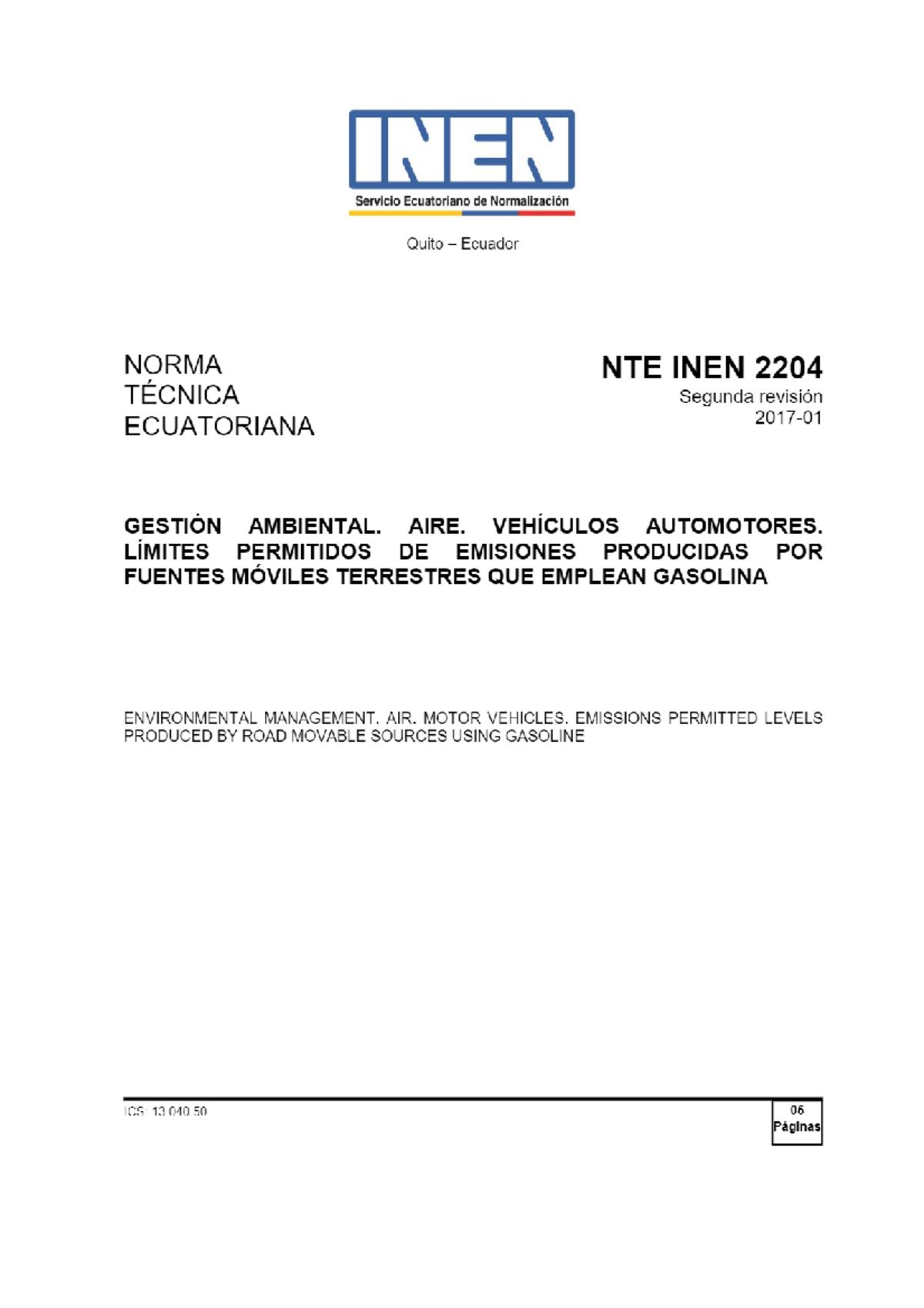 NTE INEN 2204 Segunda revisión - Control y auditoría ambiental - Studocu