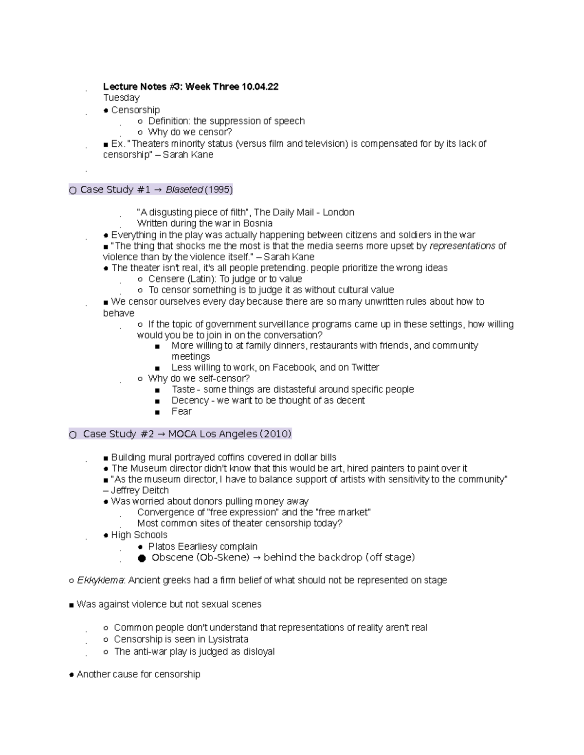 TH 210 Week 3 Lecture Notes - Lecture Notes #3: Week Three 10. Tuesday ...
