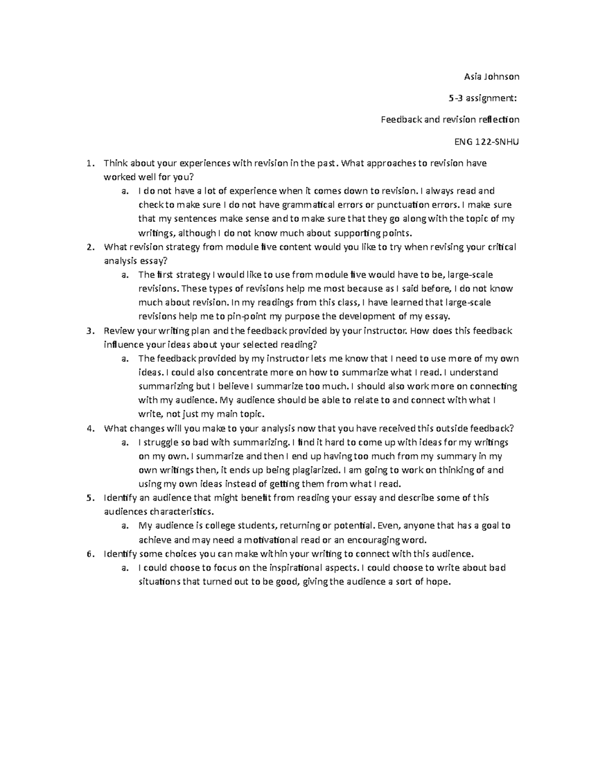 5-3 eng122 - mandatory - Asia Johnson 5-3 assignment: Feedback and ...