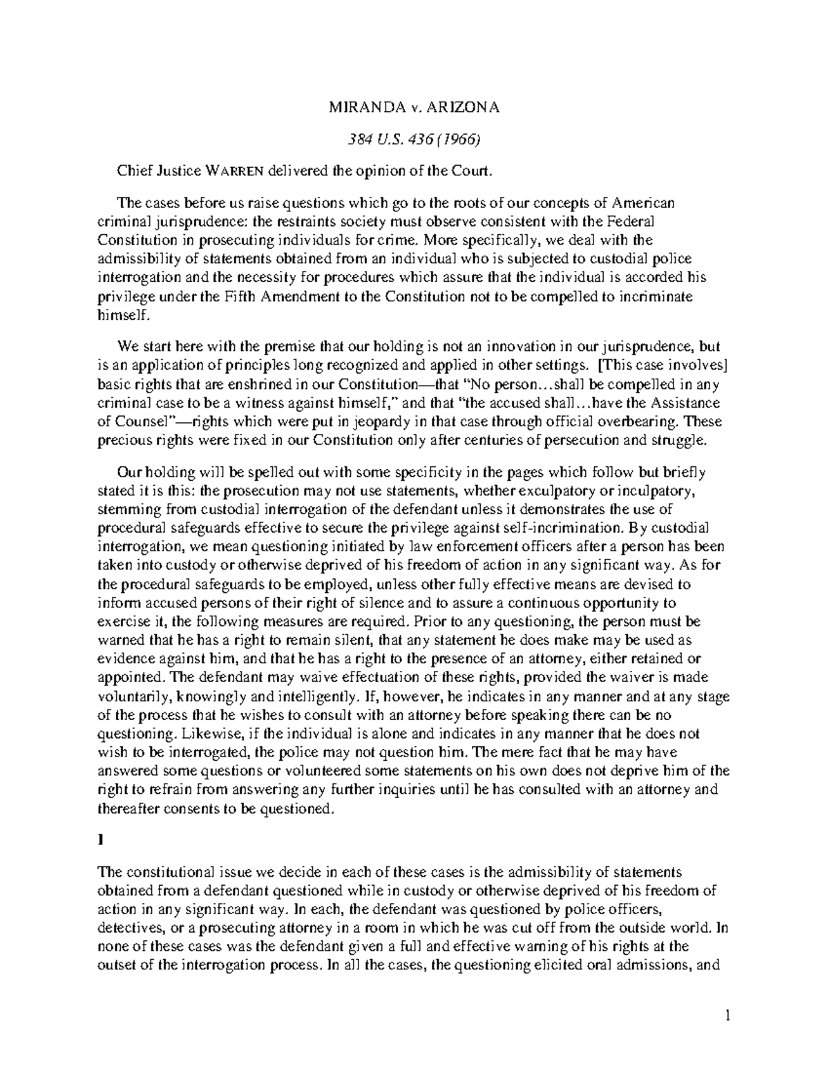 Miranda v. Arizona - U.S. Supreme Court - MIRANDA v. ARIZONA 384 U. 436 ...