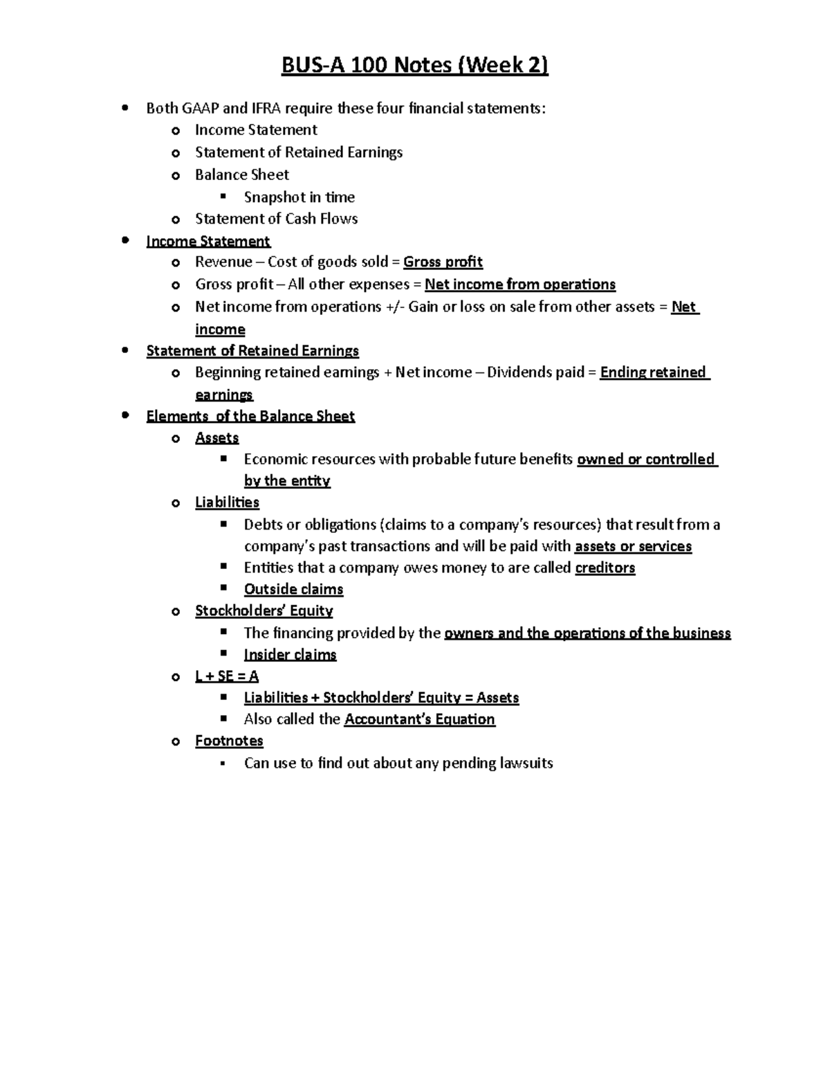BUS-A 100 Notes (Week 2) - BUS-A 100 Notes (Week 2) Both GAAP and IFRA ...
