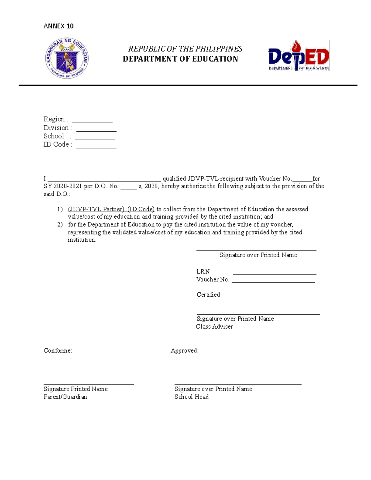 Annex 10 Authorization by Students 01212020 - ANNEX 10 REPUBLIC OF THE ...