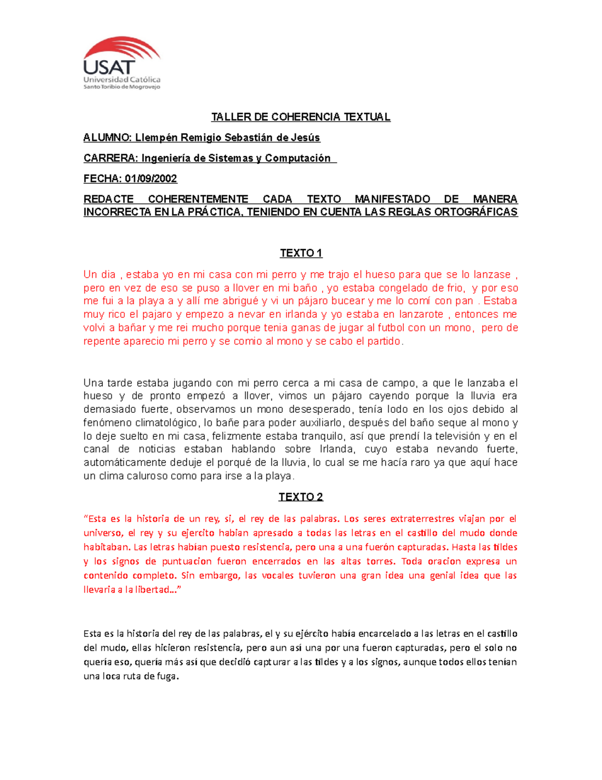 Textos Incoherentes Llempen Remigio Sebastian - TALLER DE COHERENCIA ...