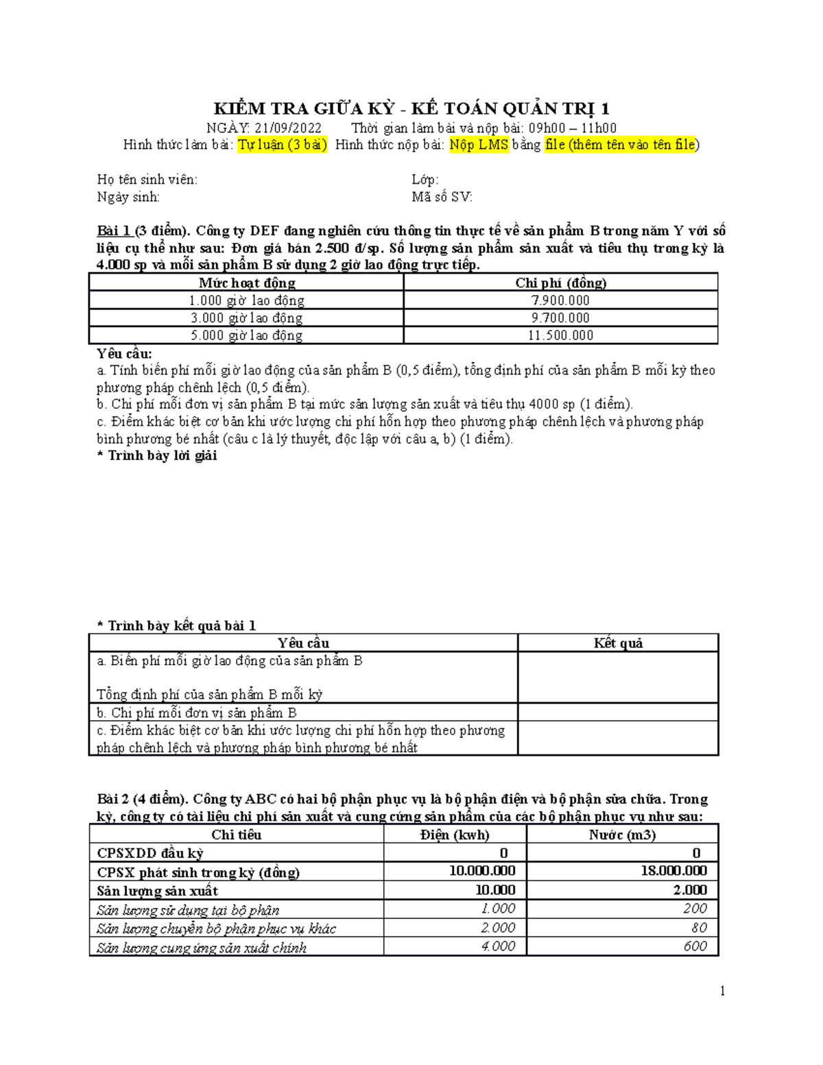 Kiem tra giua ky - Ke toan quan tri 1 - 210922 - KIỂM TRA GIỮA KỲ - KẾ TOÁN QUẢN TRỊ 1 NGÀY ...