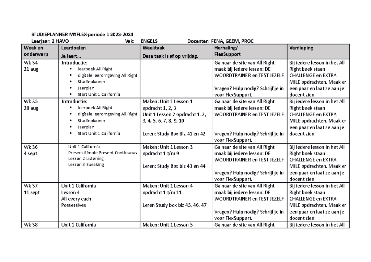 Studieplanner Myflex 2 havo periode 1 23 24 - STUDIEPLANNER MYFLEX-periode 1 2023- Leerjaar: 2 ...