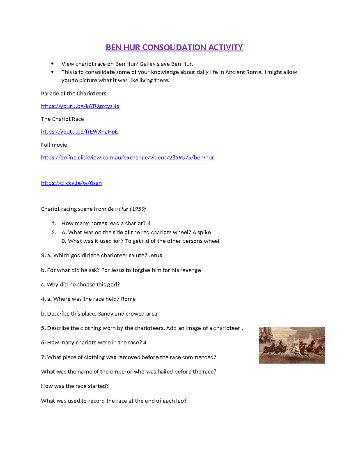 Ben Hur - Histry - BEN HUR CONSOLIDATION ACTIVITY View chariot race on ...