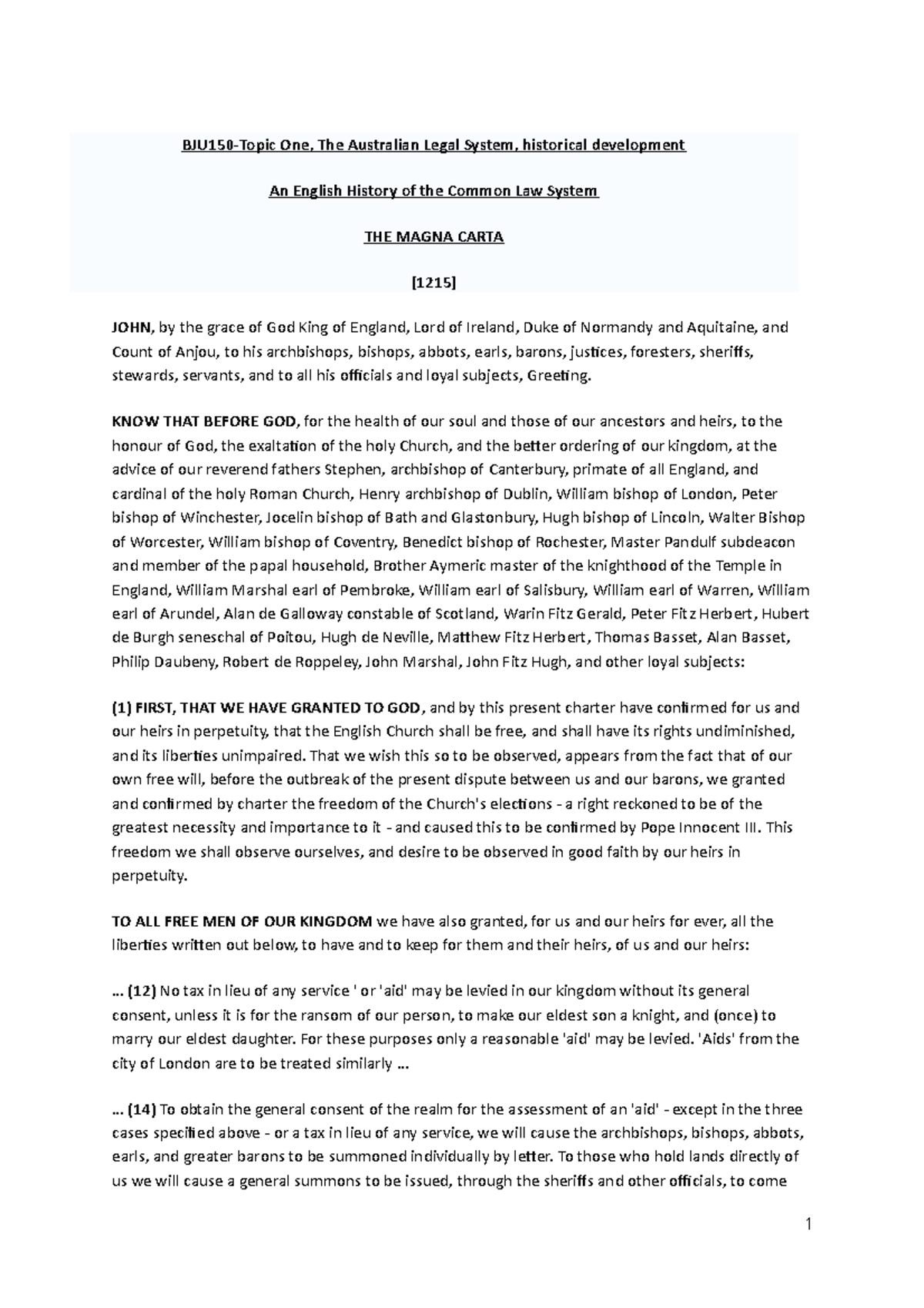 Magna cata extract - BJU150-Topic One, The Australian Legal System ...