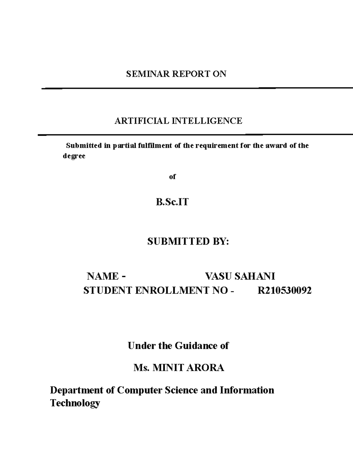 Seminar Report ON AI VASU ### - SEMINAR REPORT ON ARTIFICIAL ...