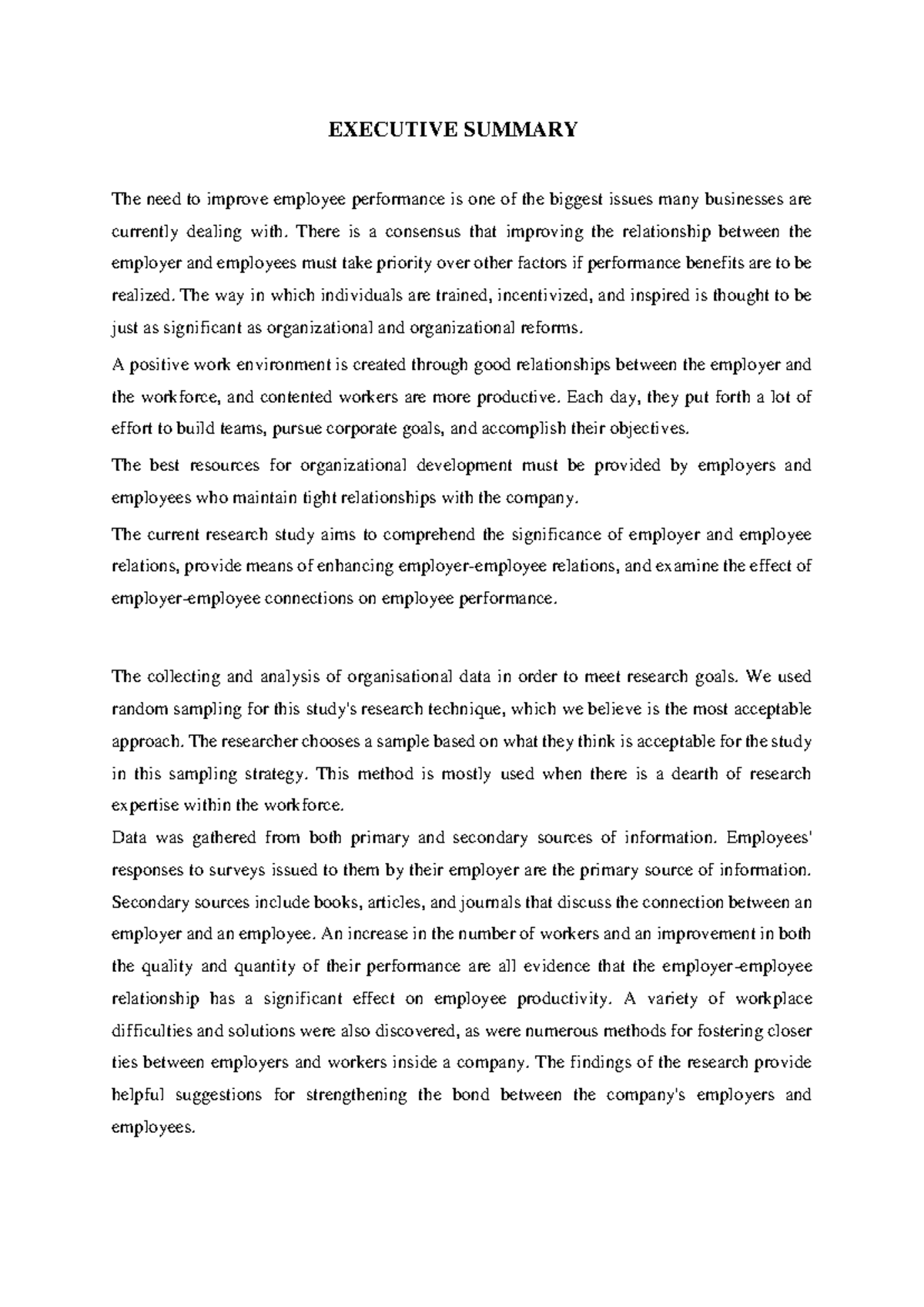 Project report - EXECUTIVE SUMMARY The need to improve employee ...