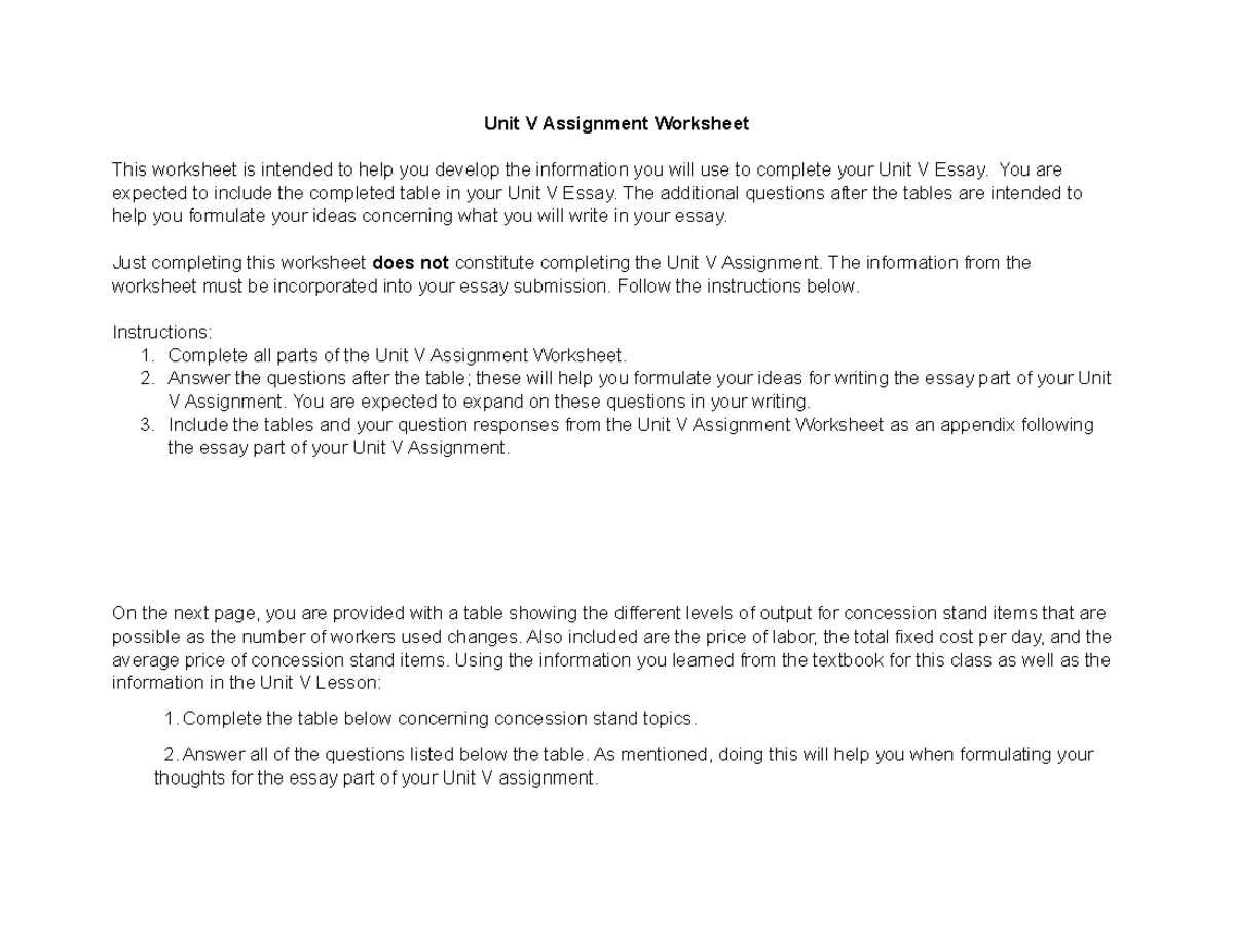 Unit V Assignment Worksheet Shandi Woodard - Unit V Assignment ...