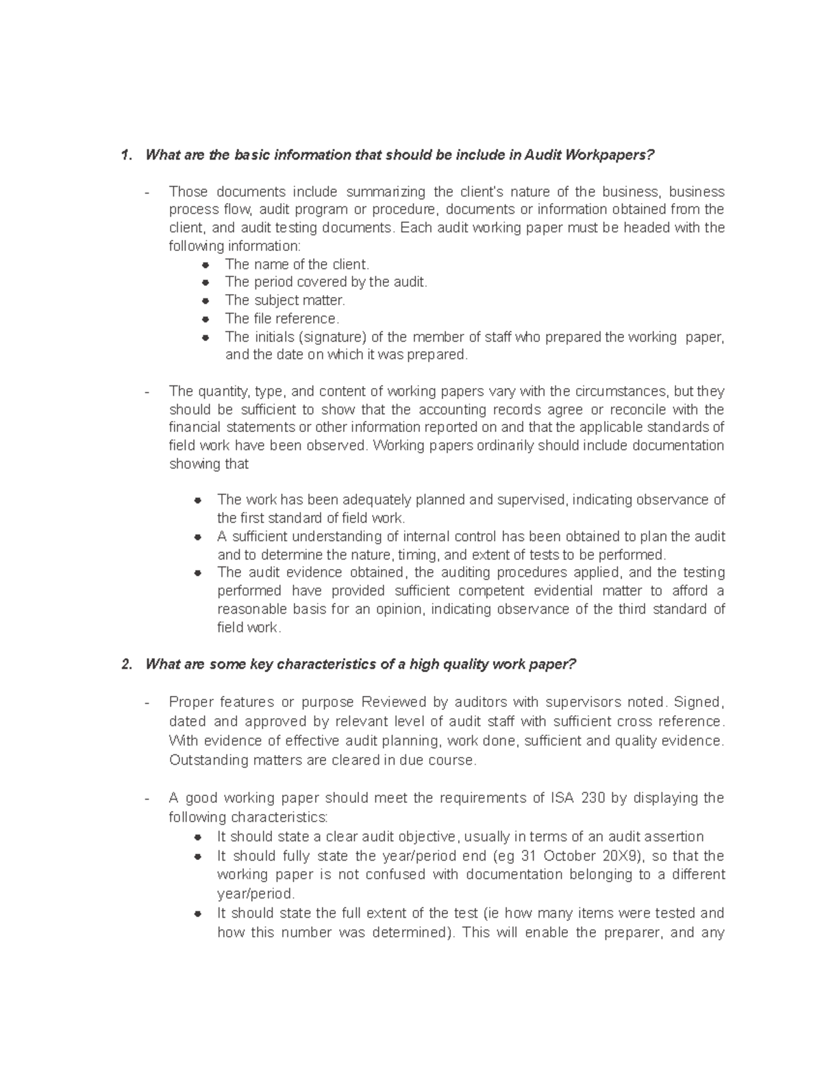 Audit workpapers - 1. What are the basic information that should be ...