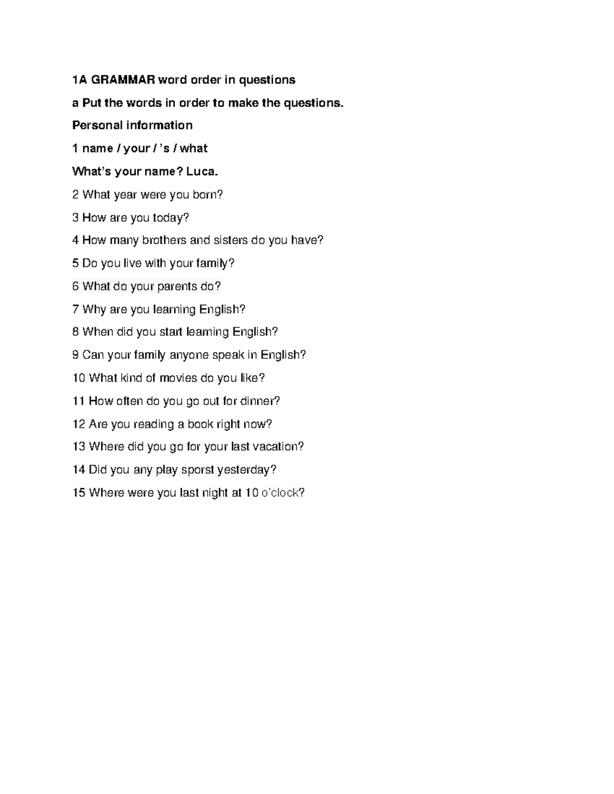 1A Grammar word order in questions - 1A GRAMMAR word order in questions ...