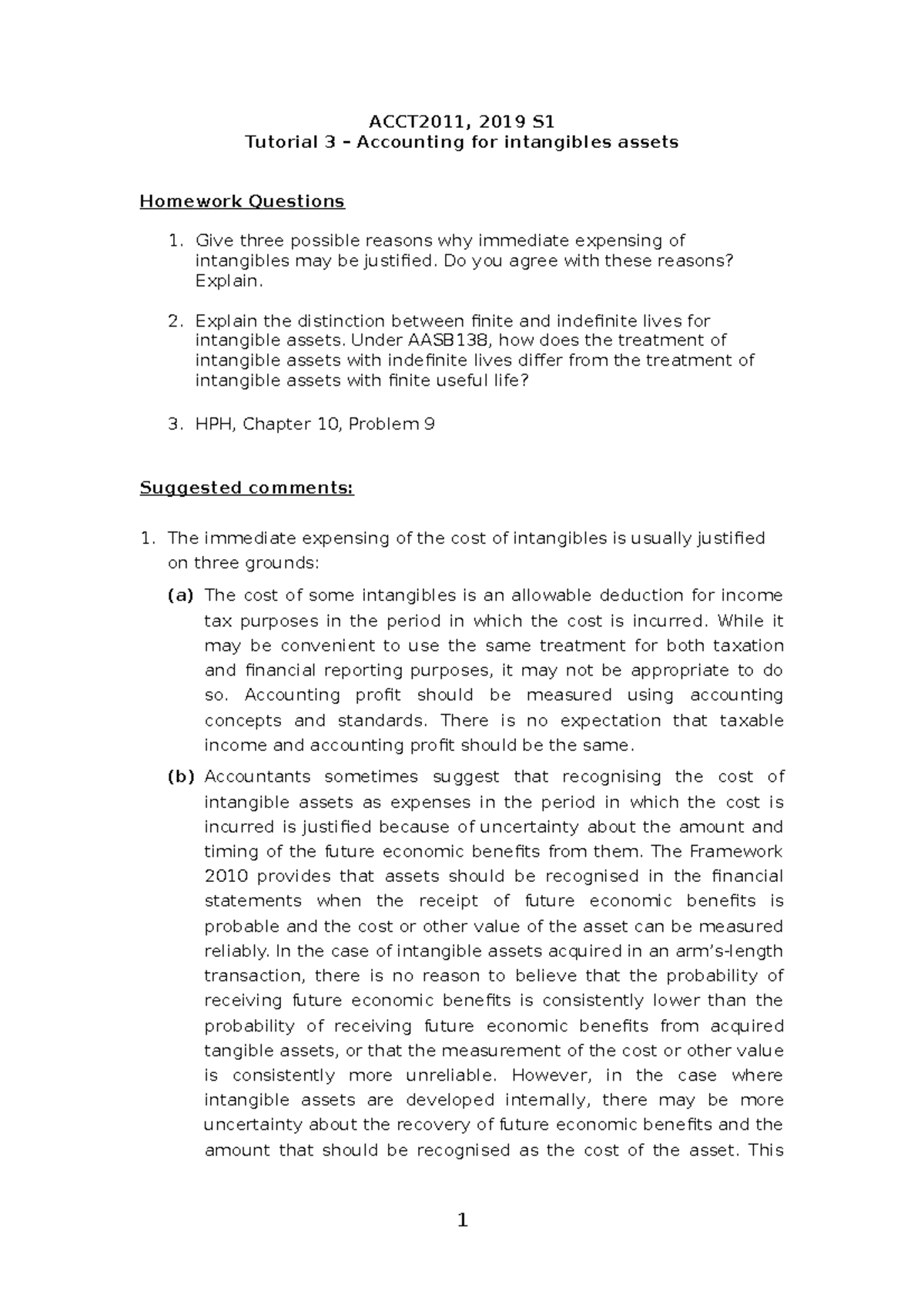 Tutorial 3 – Homework Questions Solution Intangibles S1 2019 - ACCT2011 ...