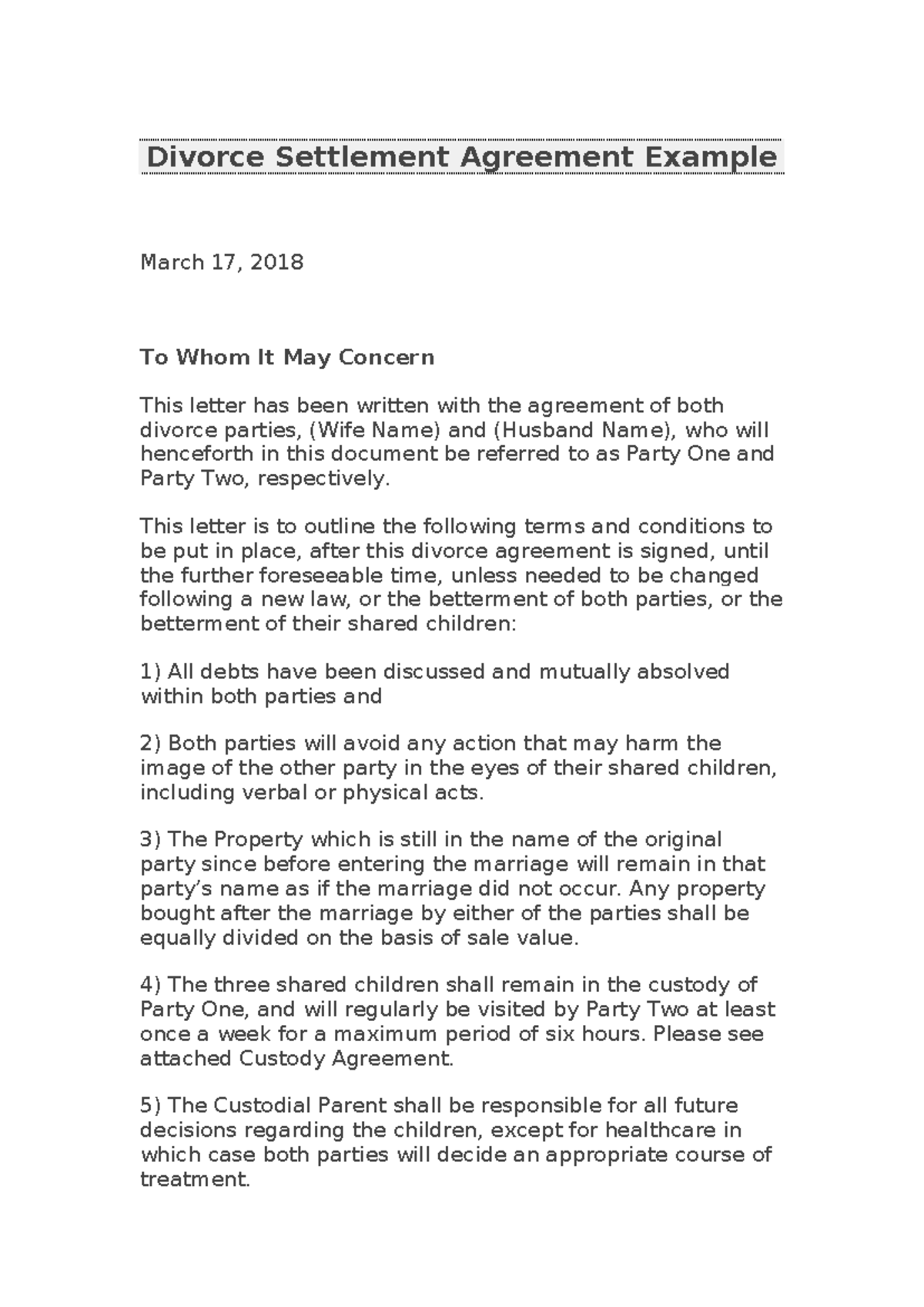 Divorce-agreement-42 - Divorce Settlement Agreement Example March 17 ...