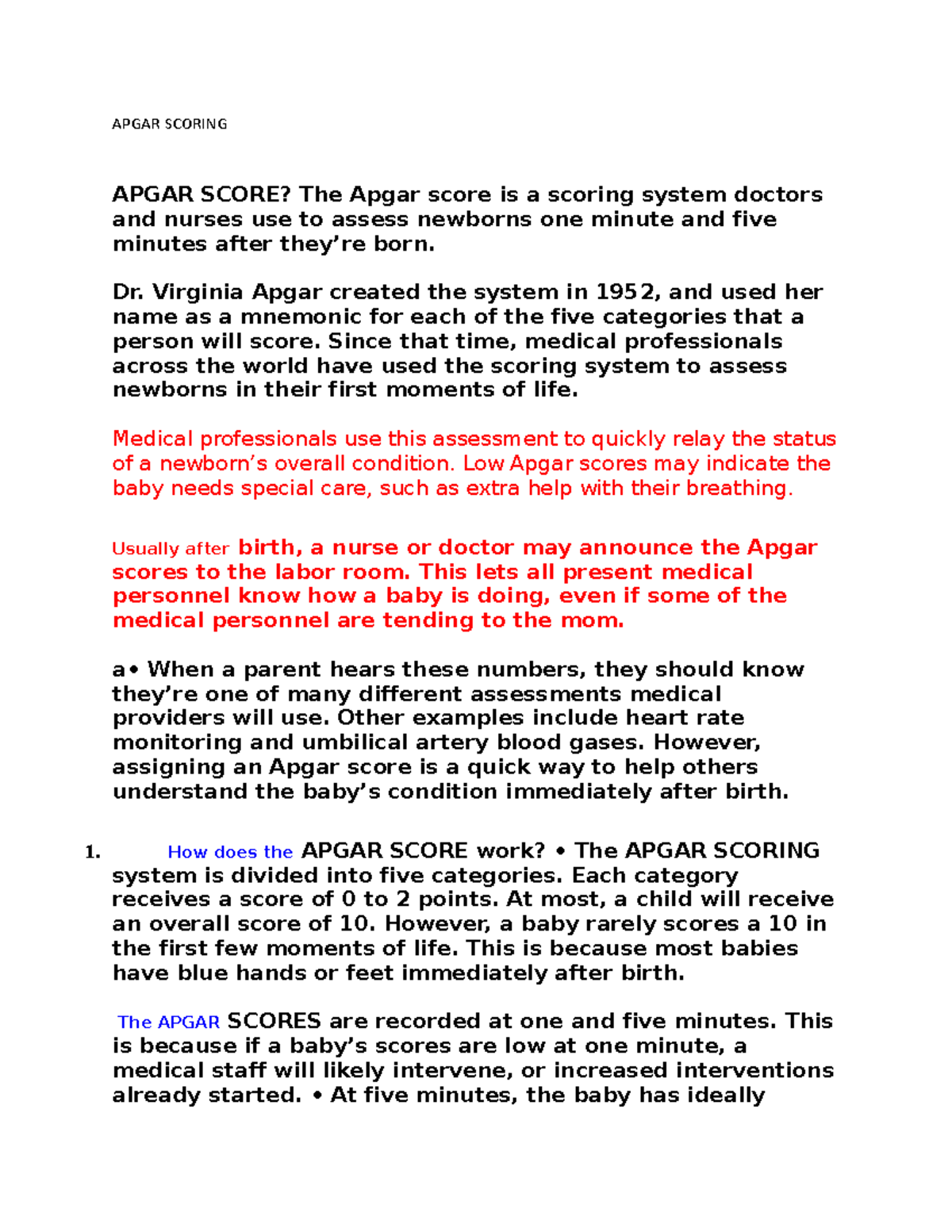 Apgar Scoring - APGAR SCORING APGAR SCORE? The Apgar score is a scoring ...