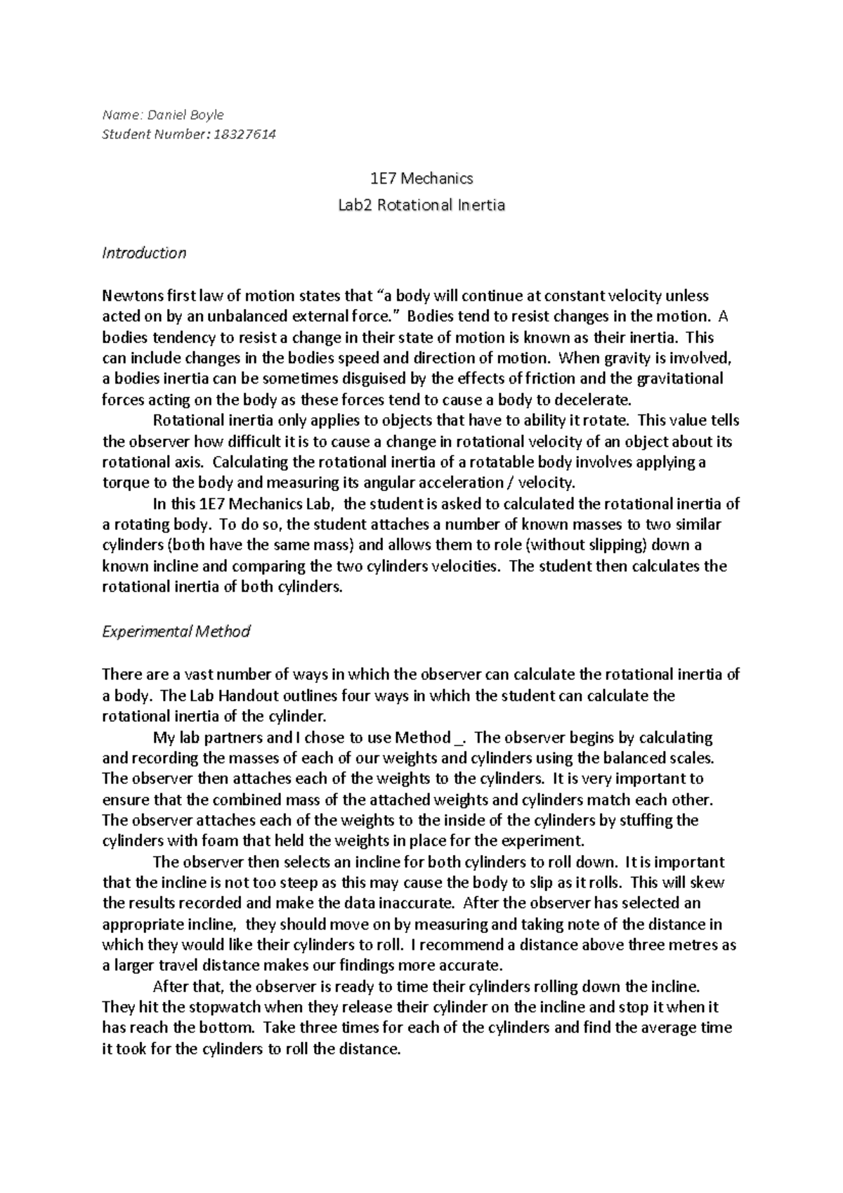 Mechanics Lab - Grade: First - Name: Daniel Boyle Student Number ...