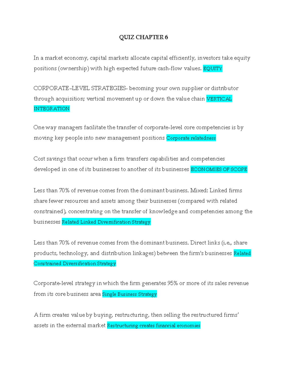 QUIZ Chapter 6 - QUIZ CHAPTER 6 In a market economy, capital markets allocate capital ...