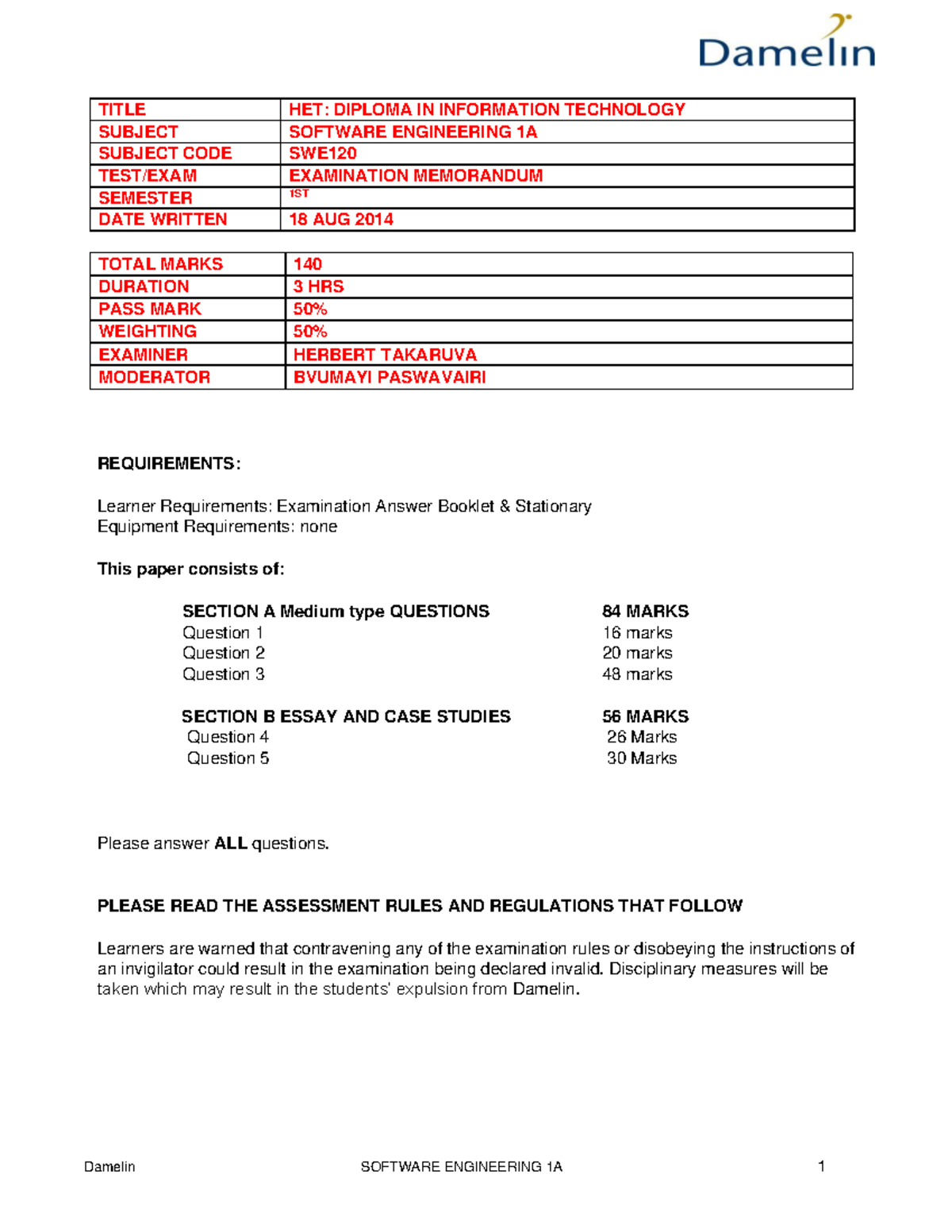 Software Engineering 1A Supp Exam Memo 2014 - TITLE HET: DIPLOMA IN ...