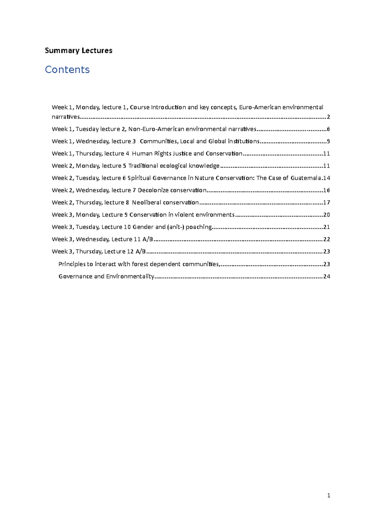 Communities, Conservation and Development, summary lectures - Summary Lectures Contents ...