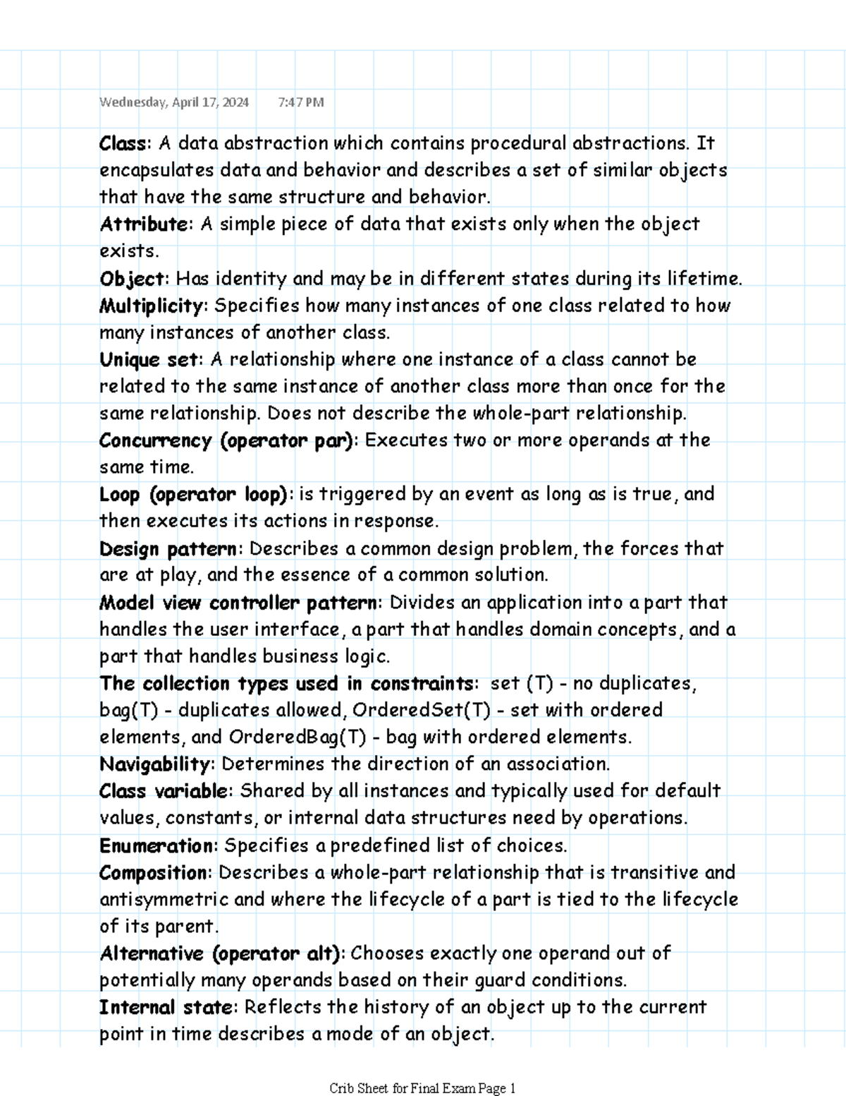 Crib sheet for final - Class: A data abstraction which contains ...