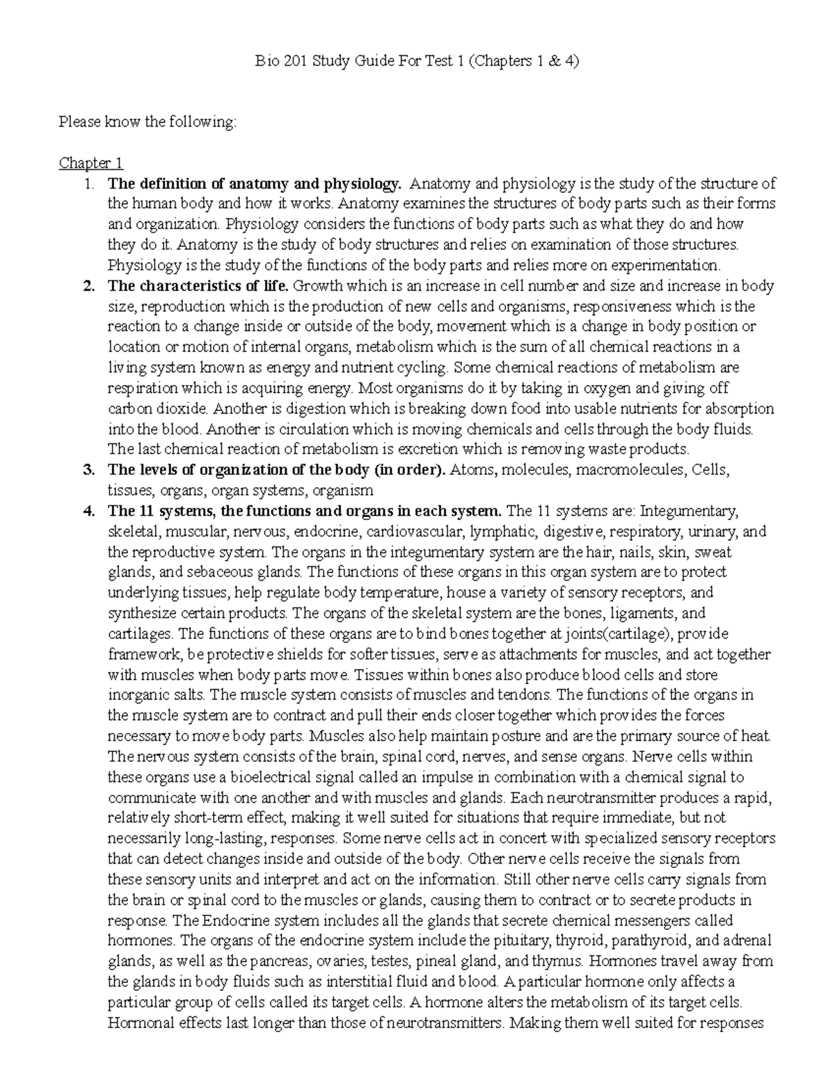 Bio 201 Study Guide For Exam 1 - Bio 201 Study Guide For Test 1 ...