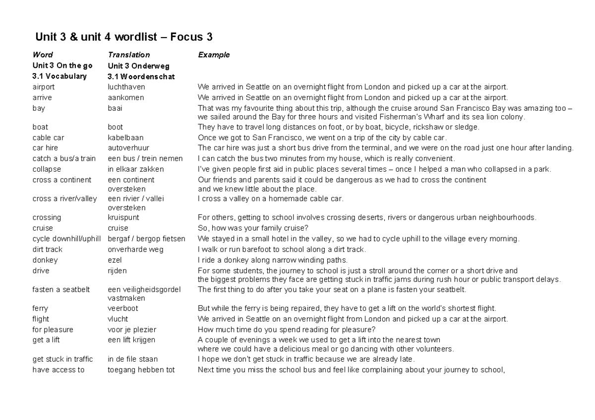 3VWO Focus 3 Wordlists Unit 3 & 4 En-Ne & Ne-En - Unit 3 & unit 4 ...