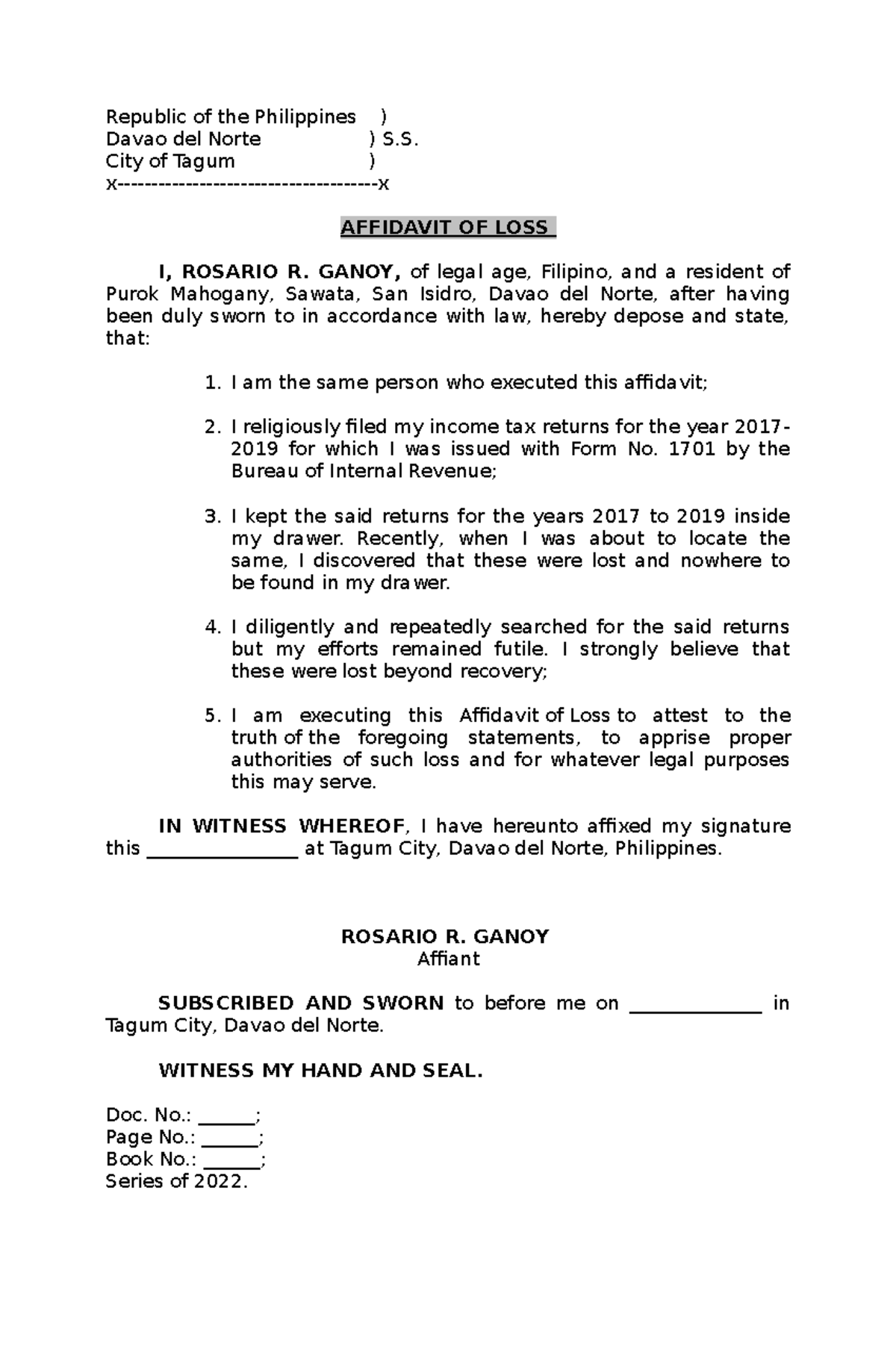 Affidavit of Loss BGanoy - Republic of the Philippines ) Davao del ...