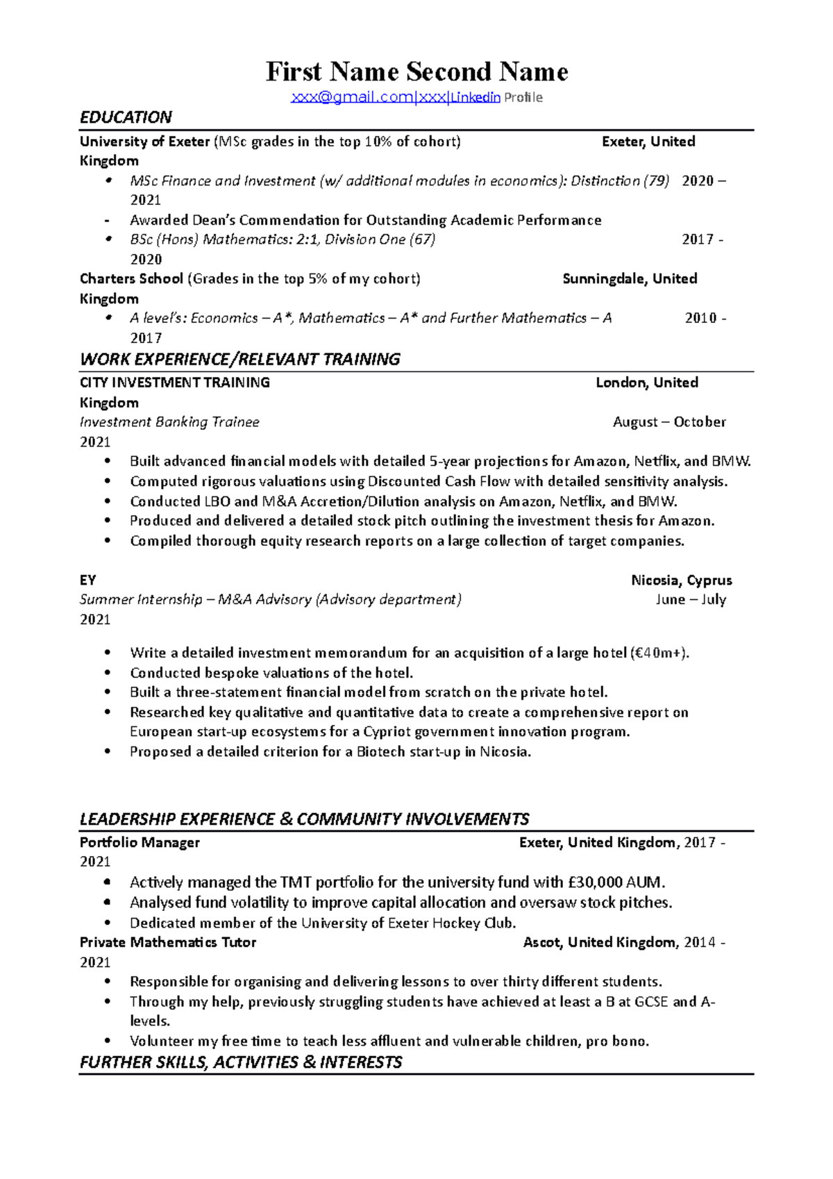 Resume UBS and GS Esempi - First Name Second Name xxx@gmail|xxx ...