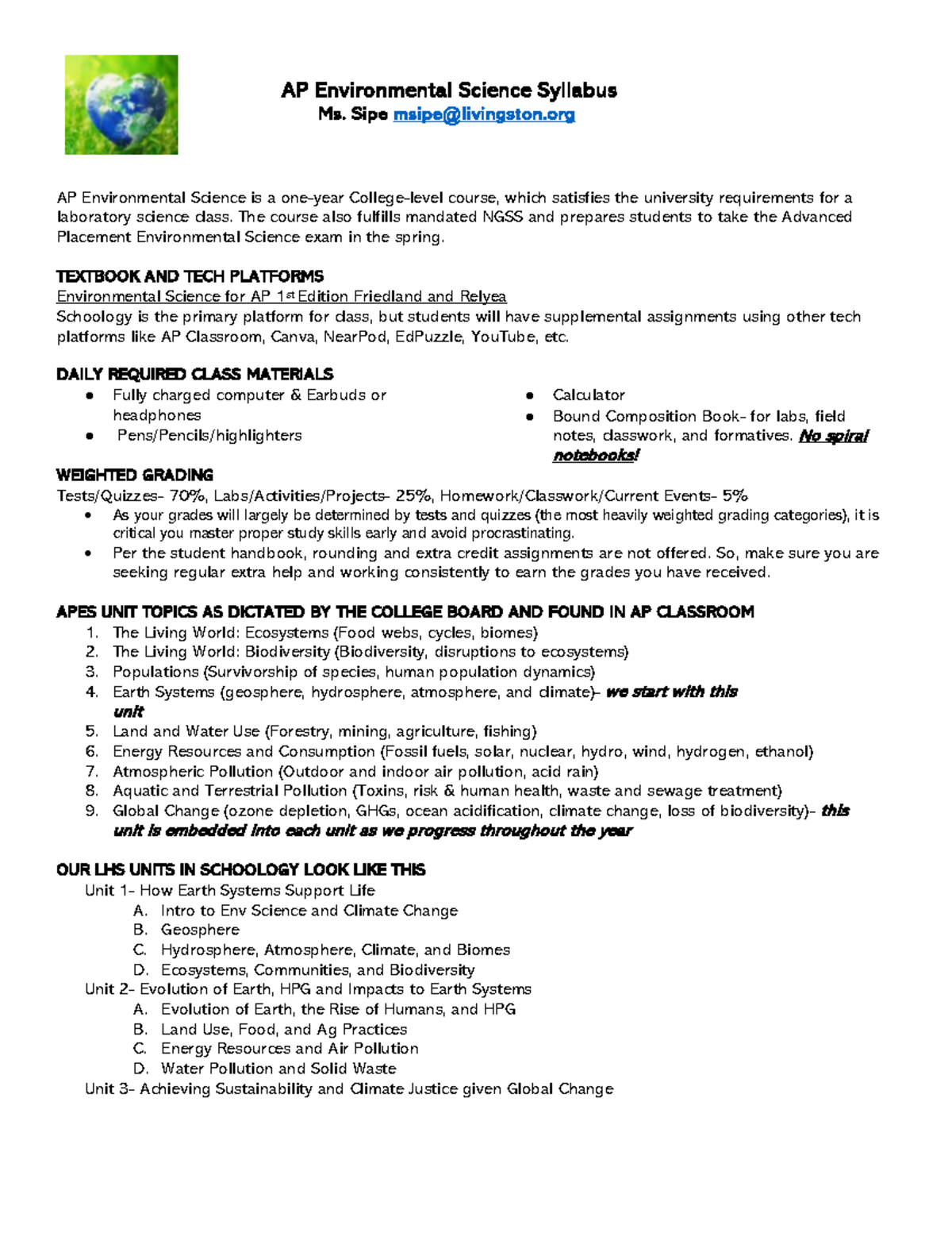 Julian Katz - APES Syllabus 2024-25 - AP Environmental Science Syllabus ...