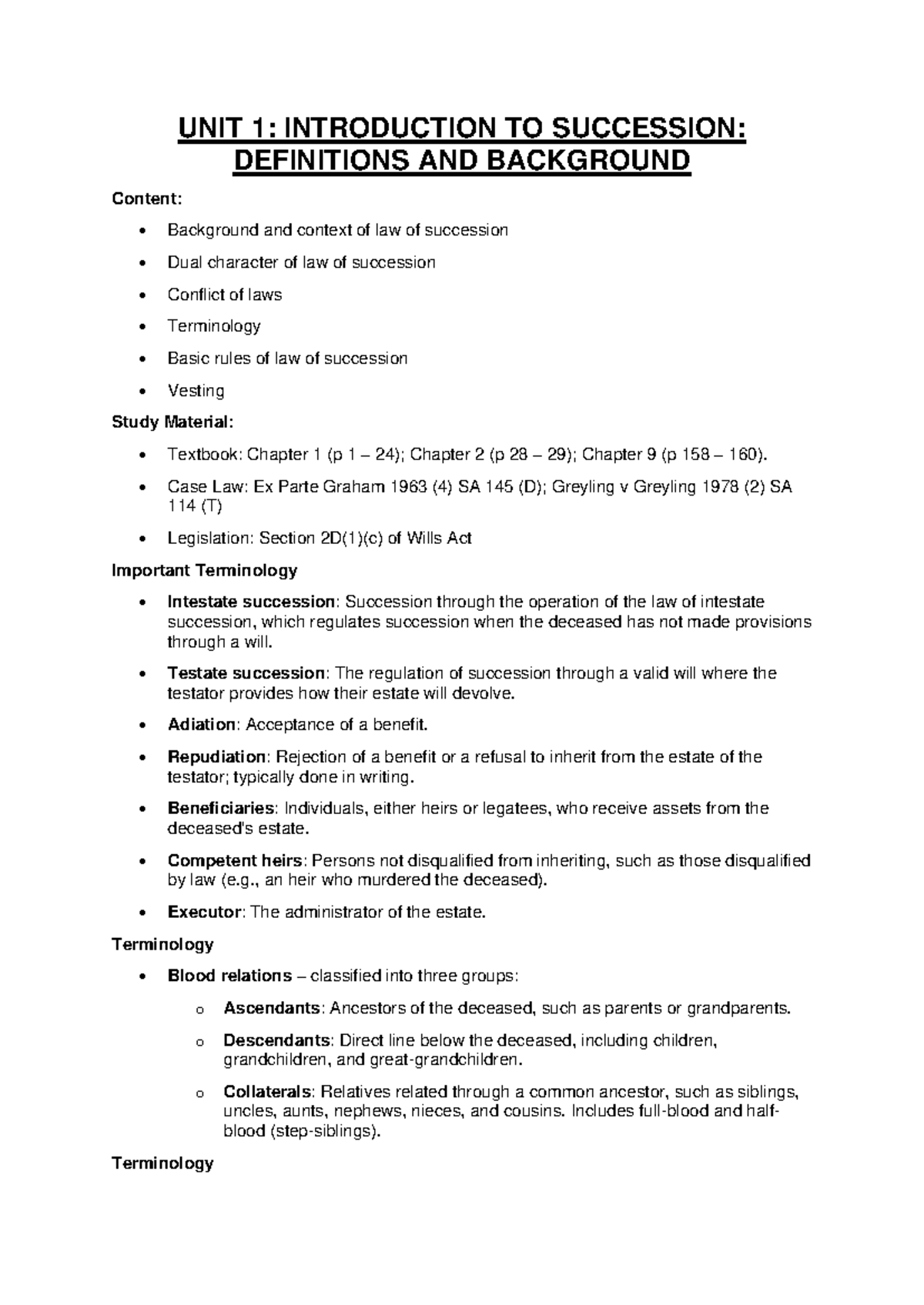 Succession EXAM Notes 2024 - UNIT 1: INTRODUCTION TO SUCCESSION ...