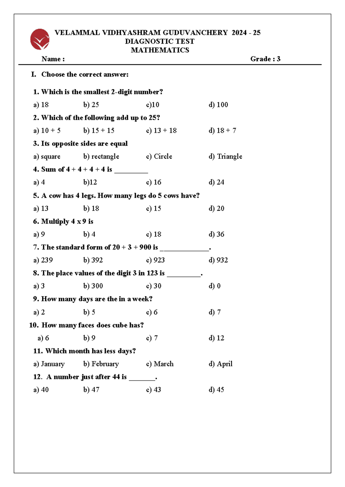 Diagnostic TEST Grade 3 - VELAMMAL VIDHYASHRAM GUDUVANCHERY 2024 - 25 ...