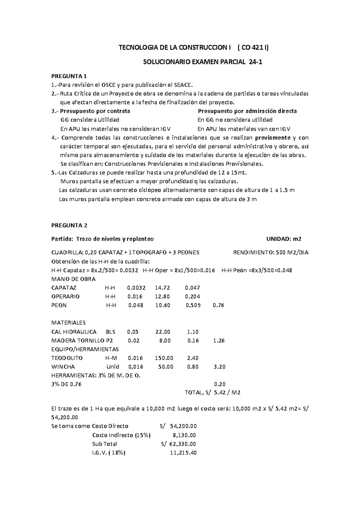 Solucionario Examen Parcial 24-1 - TECNOLOGIA DE LA CONSTRUCCION I ( CO 421 I) SOLUCIONARIO ...