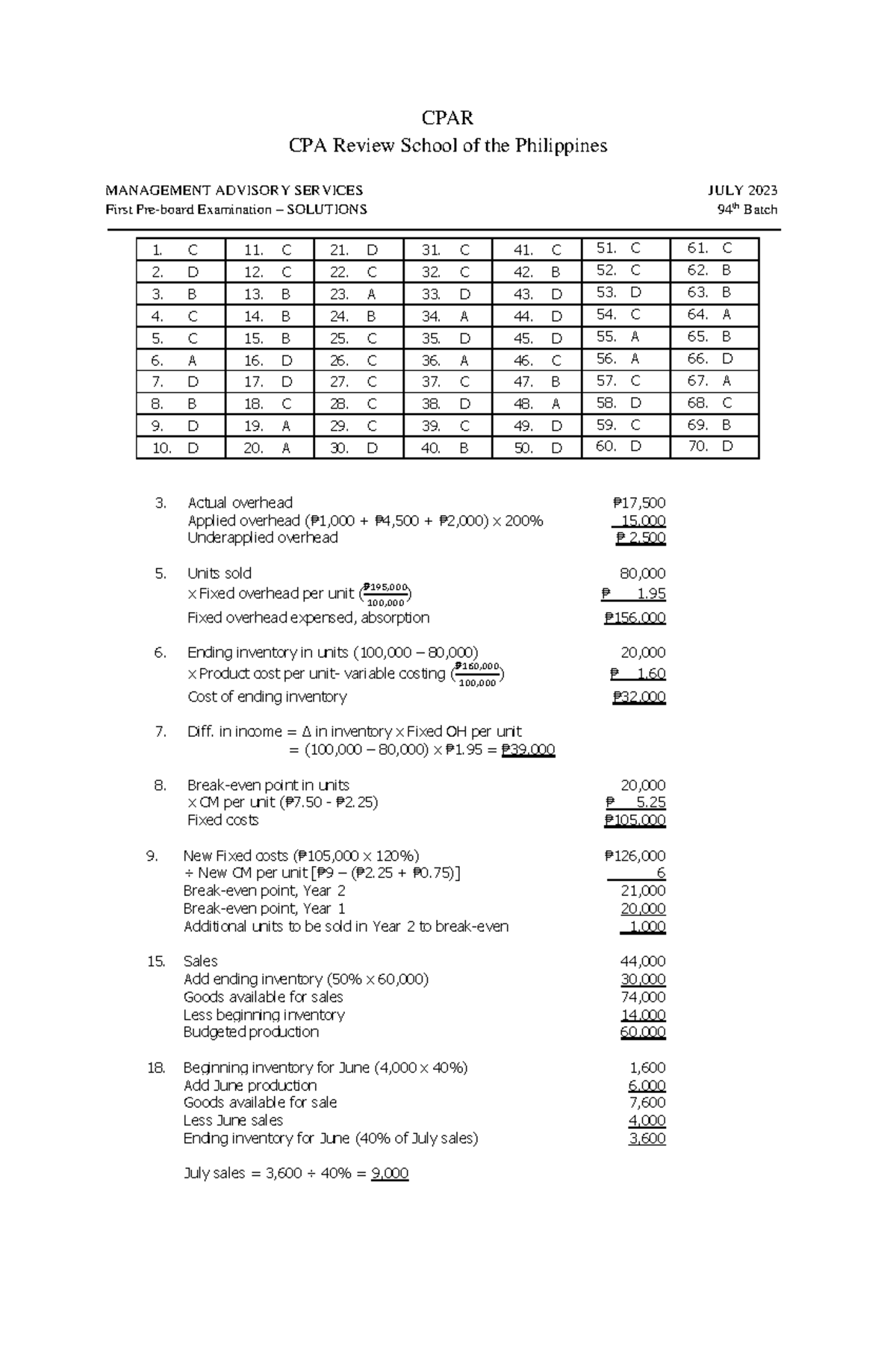 MAS First prebrd SOL JULY 2023 94TH btch Solutions - CPAR CPA Review School of the Philippines ...
