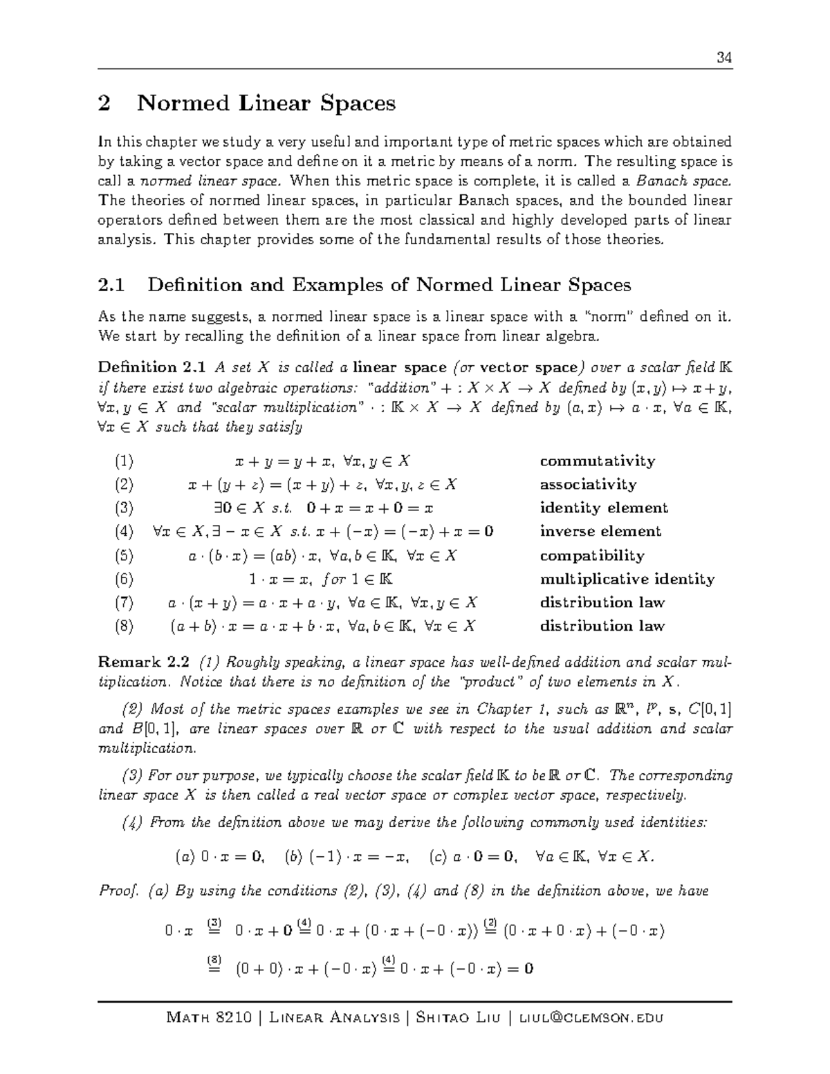 Section 2 - math8210 lecture notes - 34 2 Normed Linear Spaces In this ...