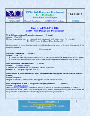 CS506 quiz 1 - CS506 (WEB DESIGN AND DEVELOPMENT) QUIZ NO. In the context of HTTP Response Code ...