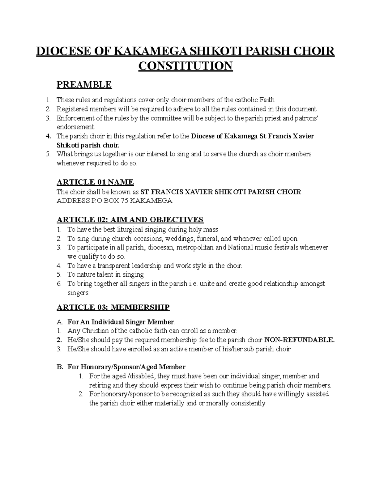 Choir Constitution - DIOCESE OF KAKAMEGA SHIKOTI PARISH CHOIR ...
