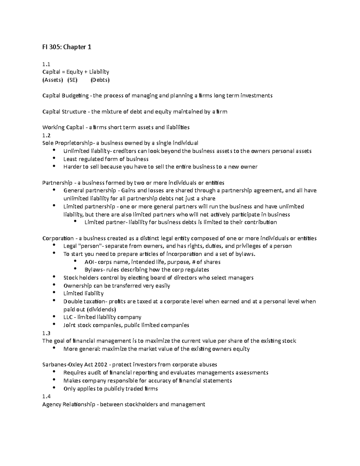 FI 305 Chapter 1: Introduction to Finance - FI 305: Chapter 1 1 ...