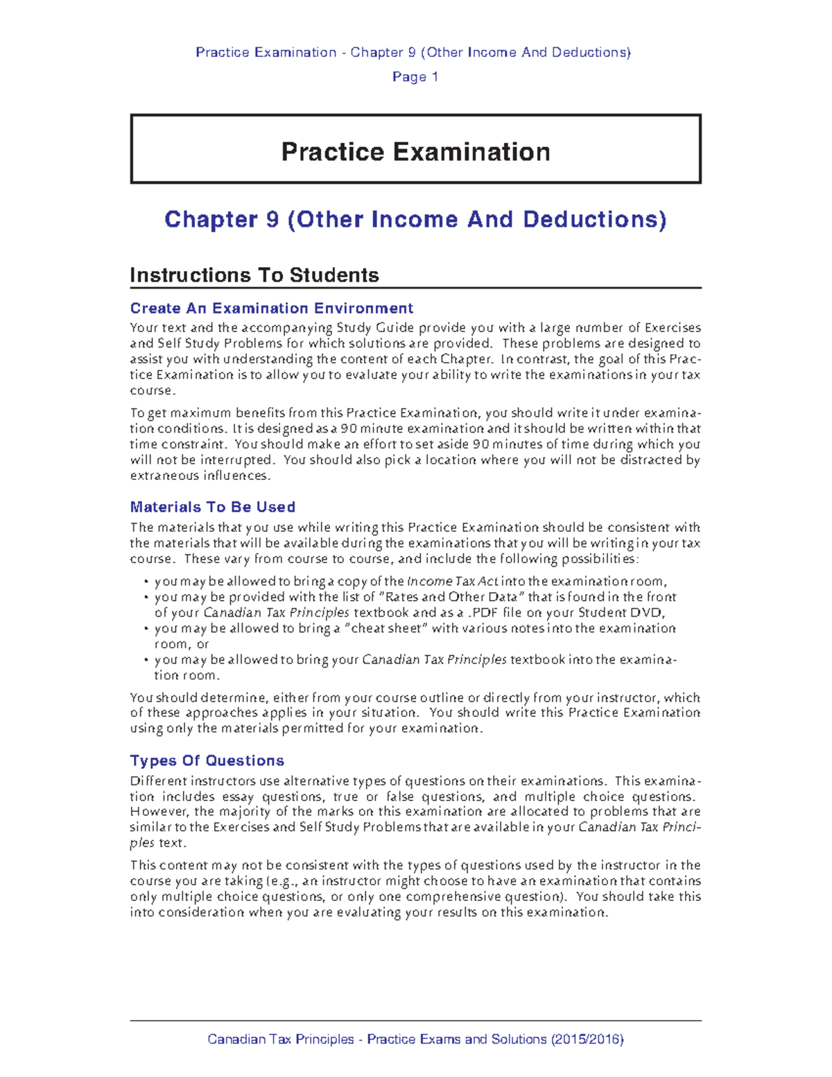 Sample/practice exam 2015, questions - Practice exam for chapter 9 ...