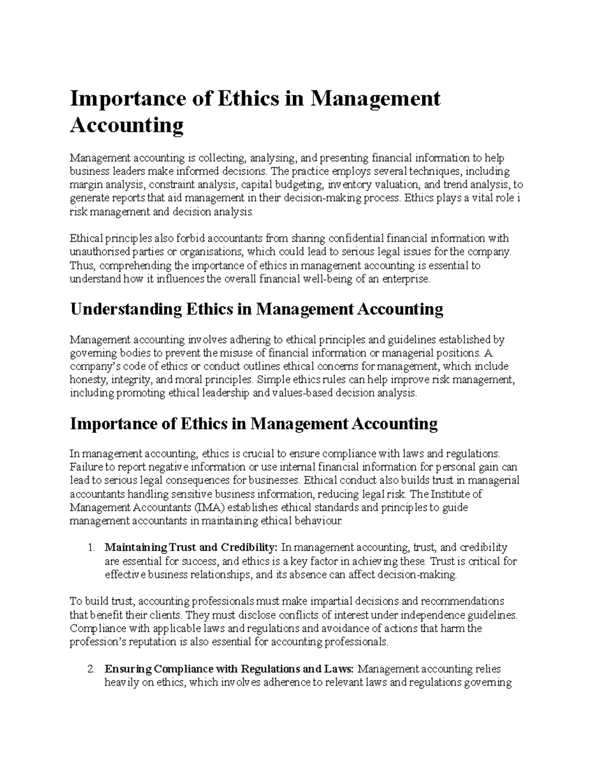 Importance of Ethics in Management Accounting - Importance of Ethics in ...