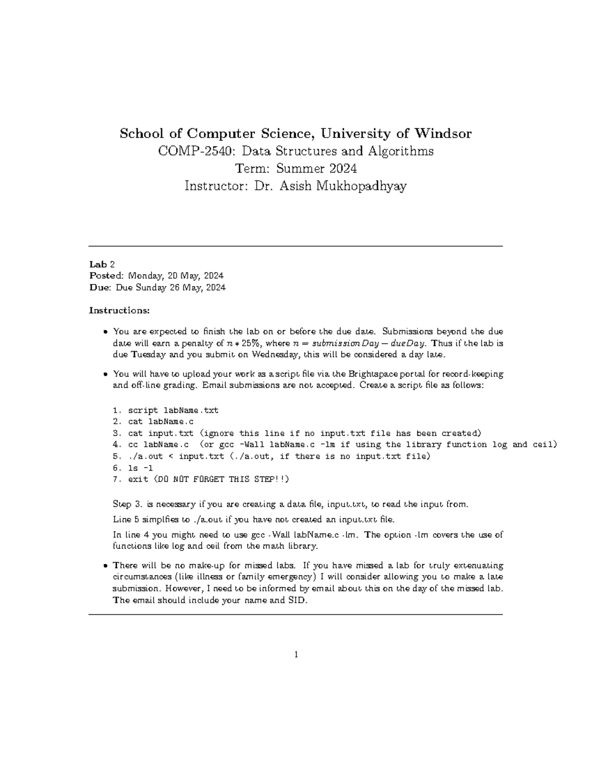 COMP 2540 Lab 2 - School of Computer Science, University of Windsor COMP-2540: Data Structures ...